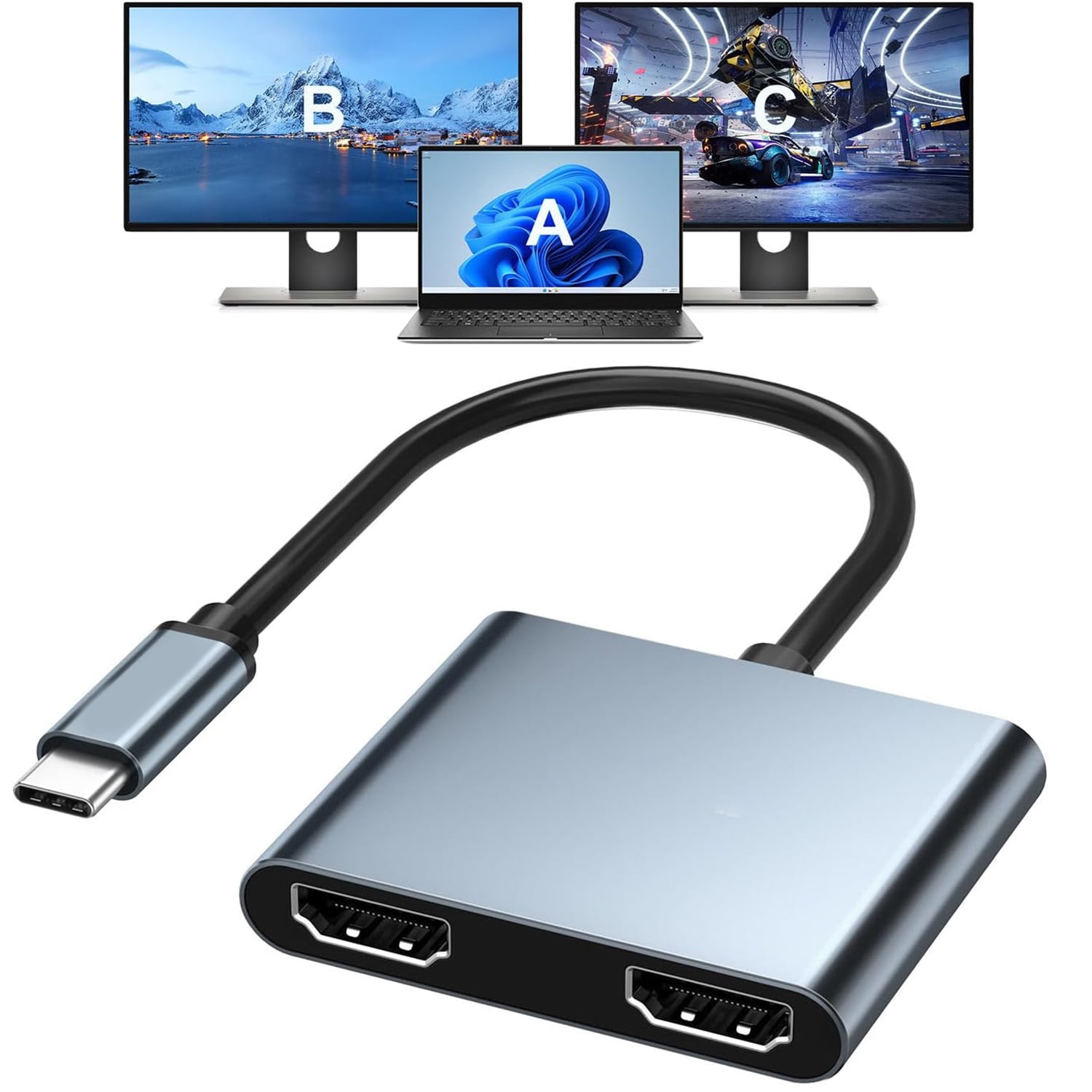USB C to Dual HDMI Adapter, 2 IN 1 USB C Dual HDMI Monitor Adapter 4K ...