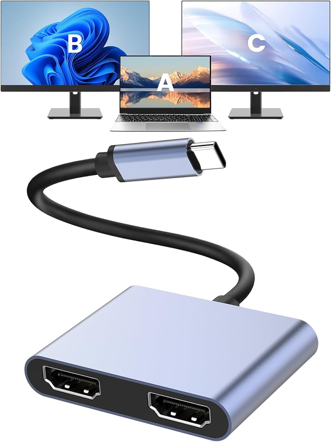 USB C to Dual HDMI Adapter, Triple Display Dual HDMI Monitor Adapter 4K ...