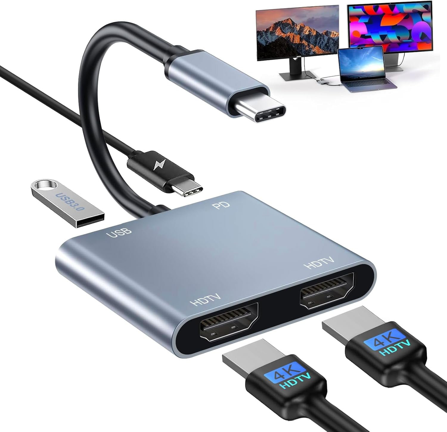 USB C Dual HDTV Adapter, 2 Monitor Splitter, USB C Hub for Dual HDTV ...