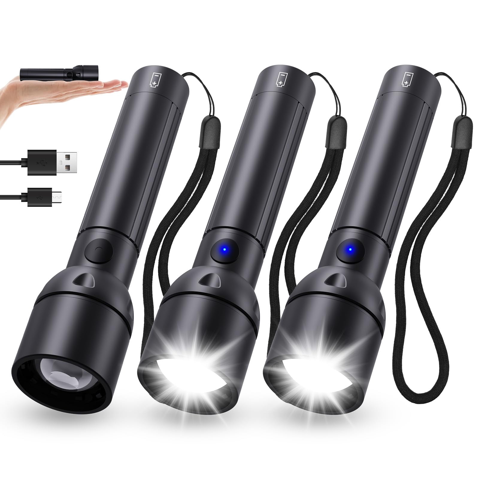USB C Flashlight High Lumens Rechargeable 3Packs-800L Small Bright ...