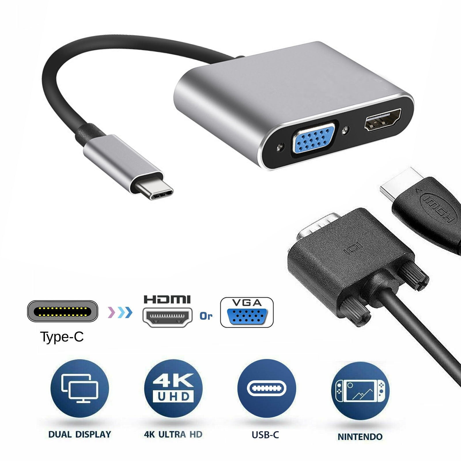 USB C to HDMI VGA Adapter, Thunderbolt 3, 4K HDMI, 1080P VGA, Female ...