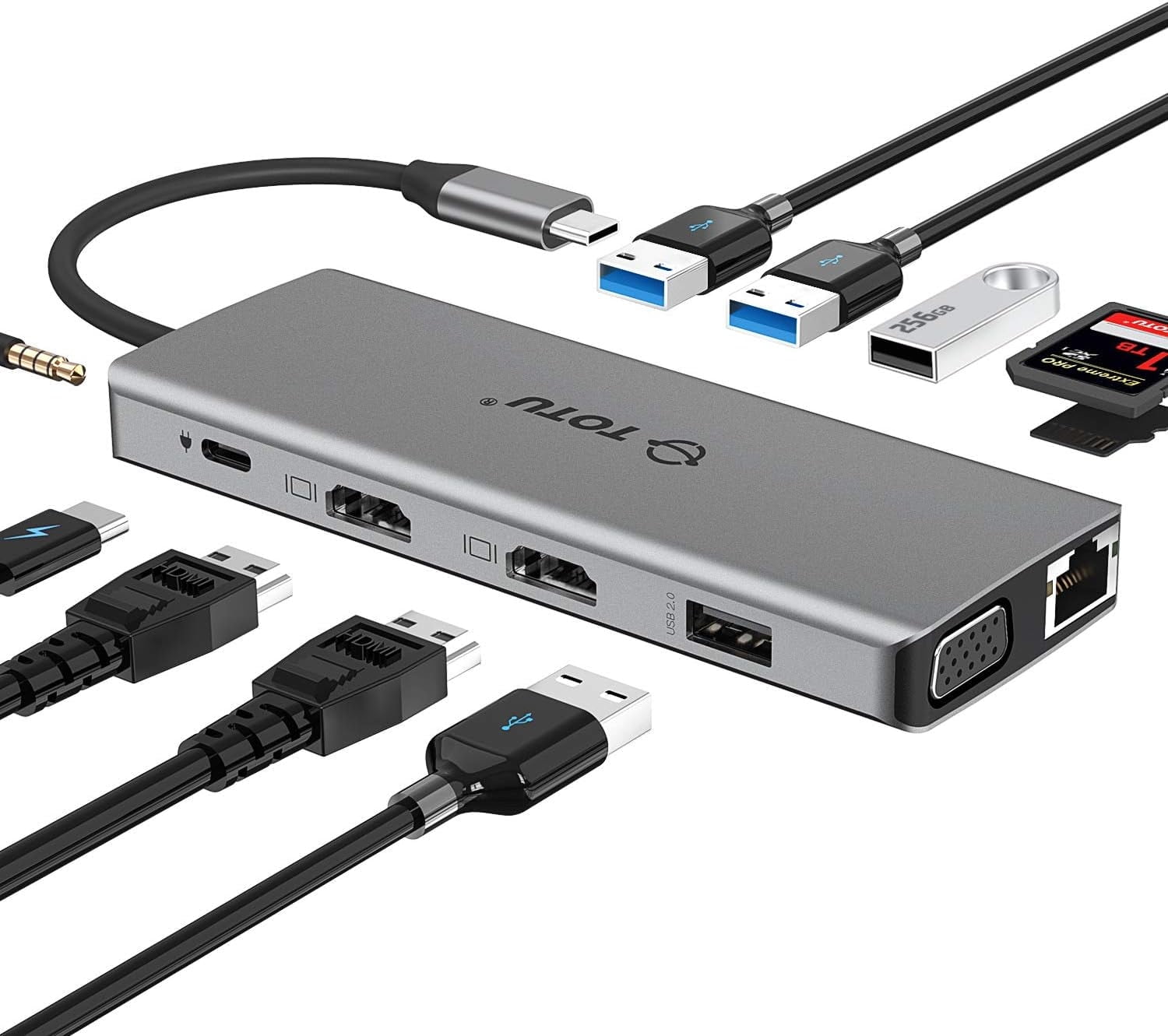 USB C Hub, 13-in-1 Type C Hub with Ethernet, 4K USB C to 2 HDMI, VGA, 2 USB 3.0, 2 USB 2.0, 100W ...