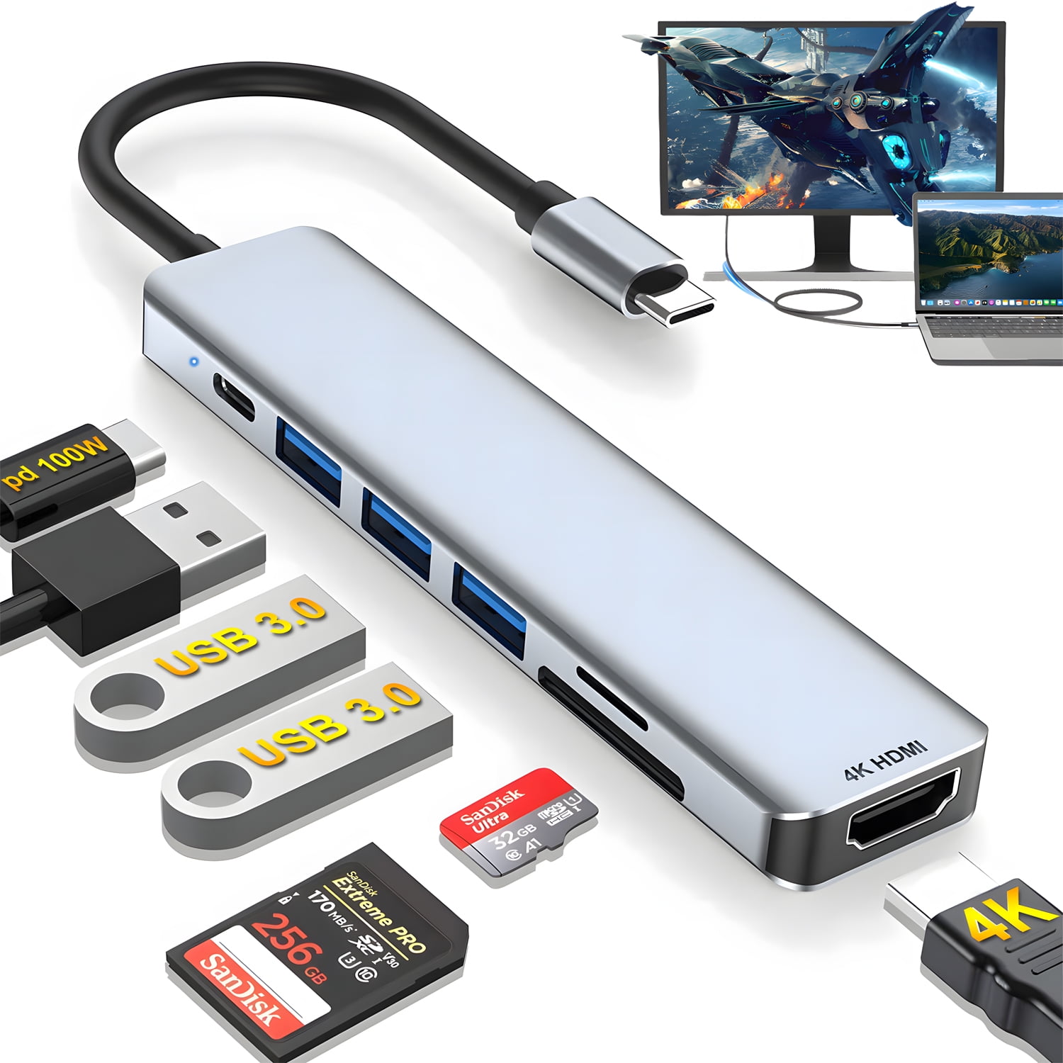 USB C Hub 7 in 1 Multiport Adapter with 4K HDMI Dongle, 100W PD, SD/TF ...