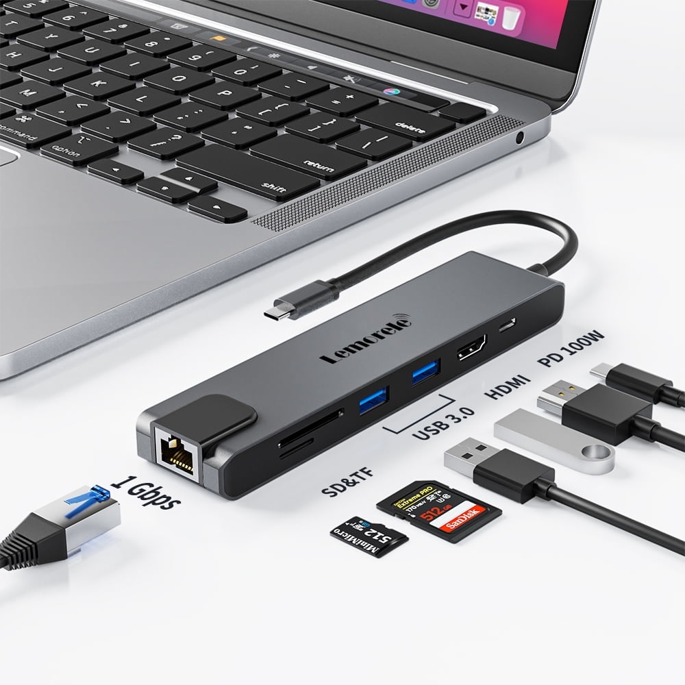 Lemorele USB C Hub, 7 in 1 Aluminum Multiport Adapter with RJ45 1000M ...