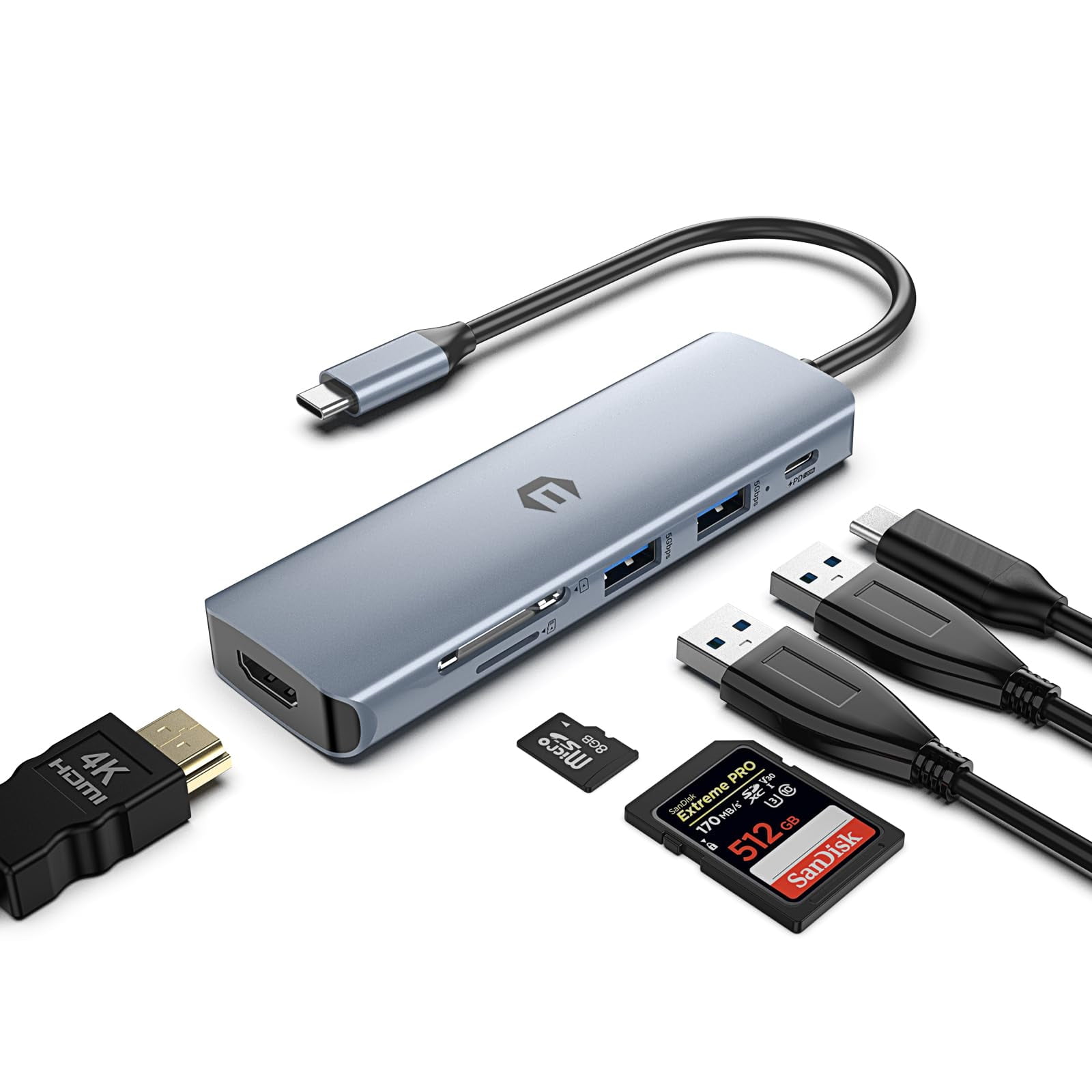USB C Hub, USB C Adapter, 6 in 1 with 4K HDMI Output, 100W PD, 2*USB 3. ...