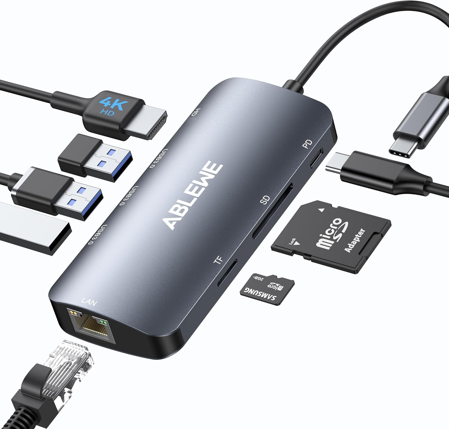 USB C Hub Ethernet, Multiport to HDMI Hub, 8 in 1 4K@60Hz USBC Adapter ...
