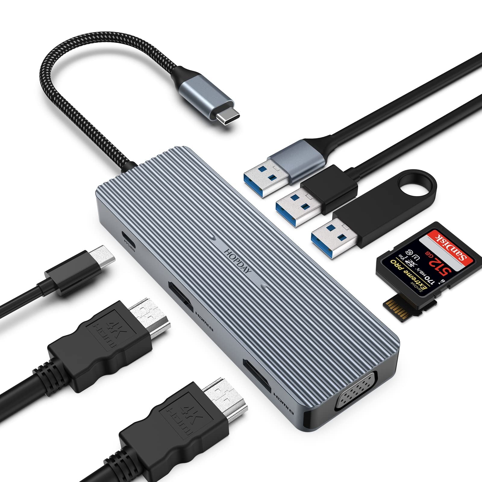 USB C Hub, HOPDAY 9 in 1 Triple Display USB C Adapter of 2 x HDMI/VGA ...