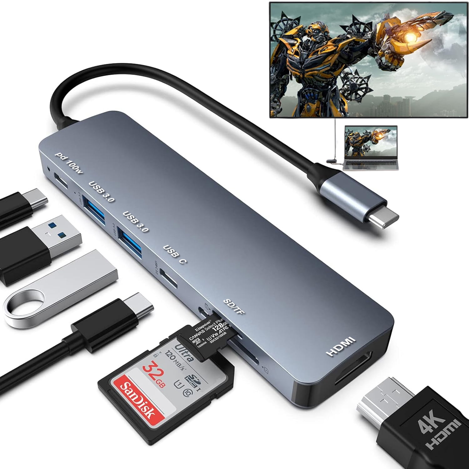 USB C Hub Multiport Adapter - 7 in 1 Portable Space Aluminum Dongle ...