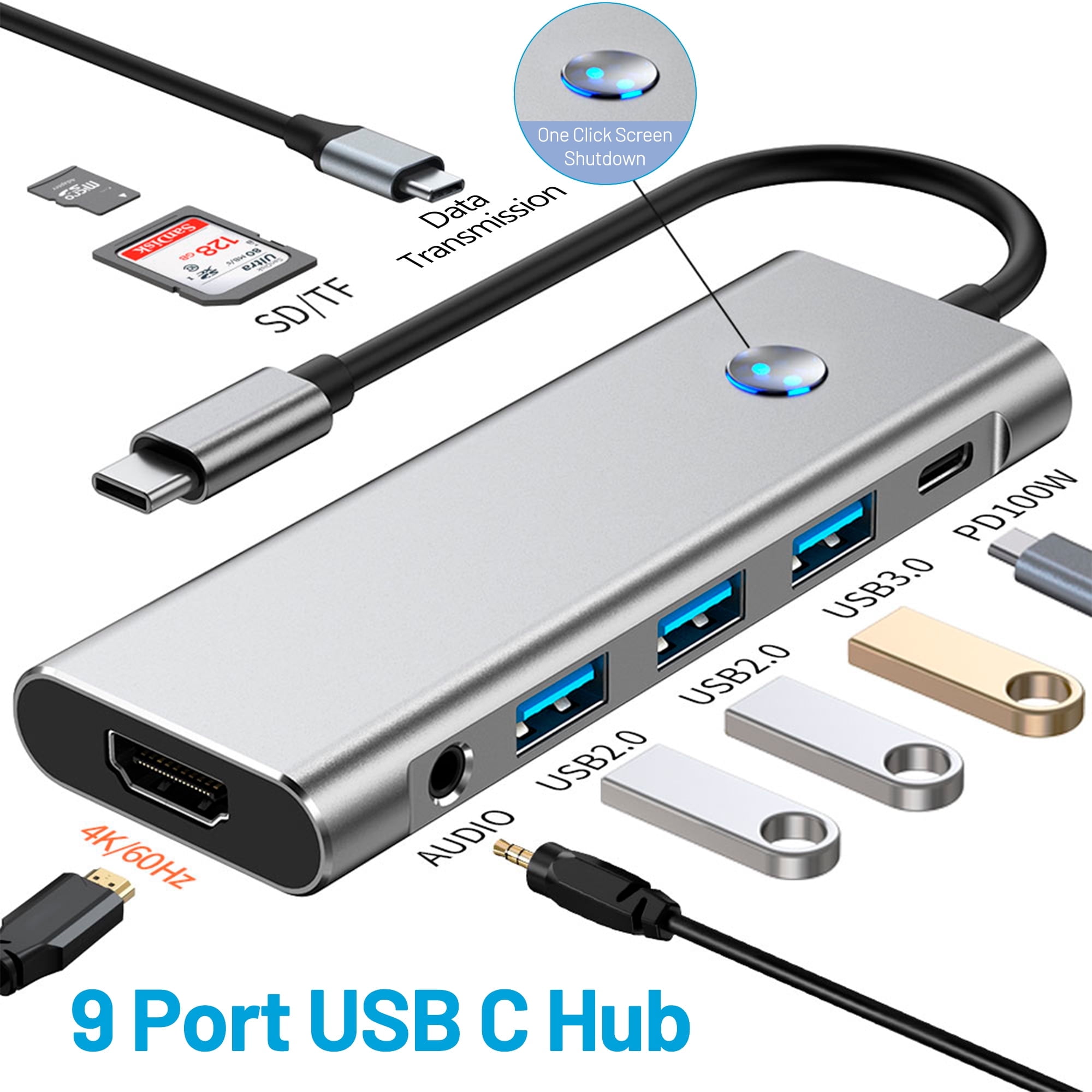 USB C Hub, USB C Adapter 9 in 1 Dongle with 4K HDMI, VGA, Type C PD ...