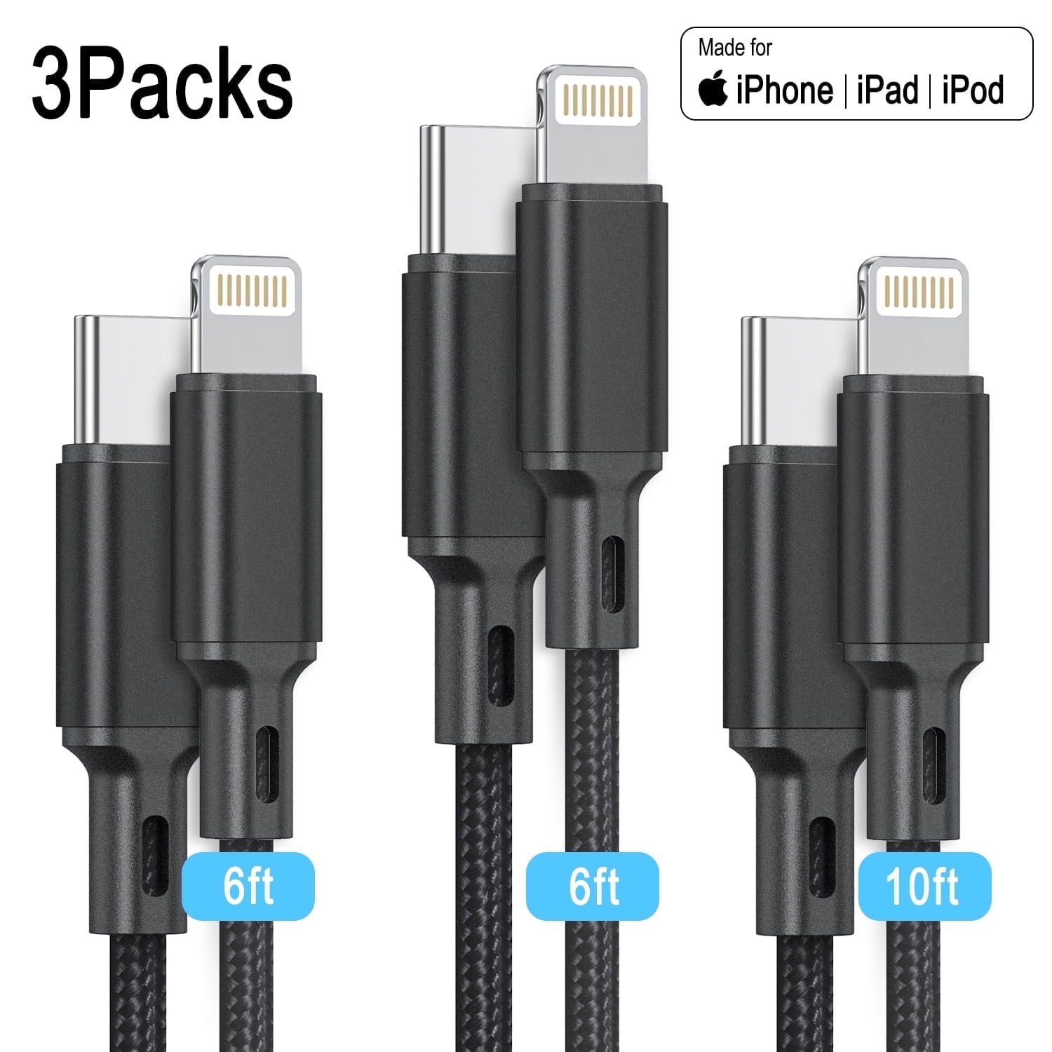 USB C to Lightning Cable [MFi Certified] 3-Pack - 6/6/10 FT Nylon ...