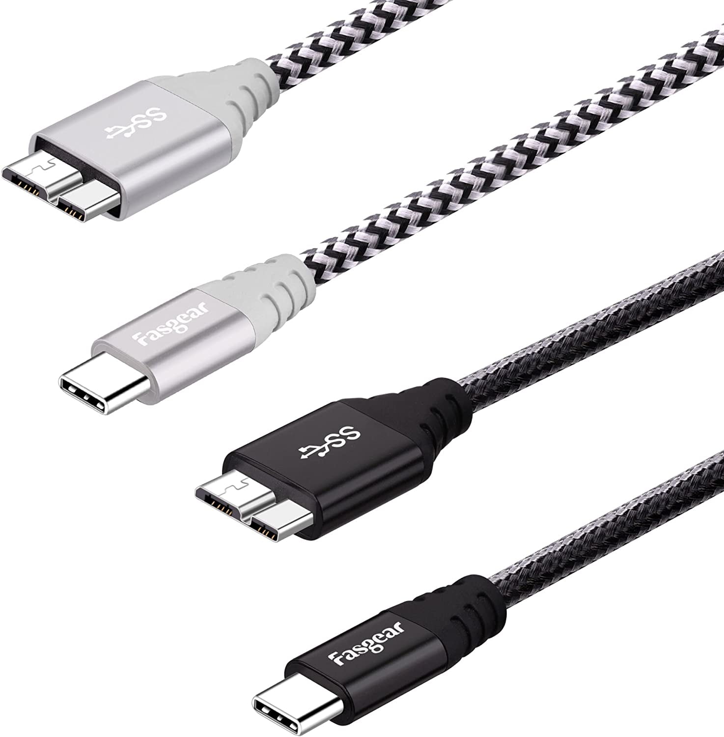 USB C to Micro B Cord,2 Pack Fasgear Nylon Braided Metal Connector Type ...