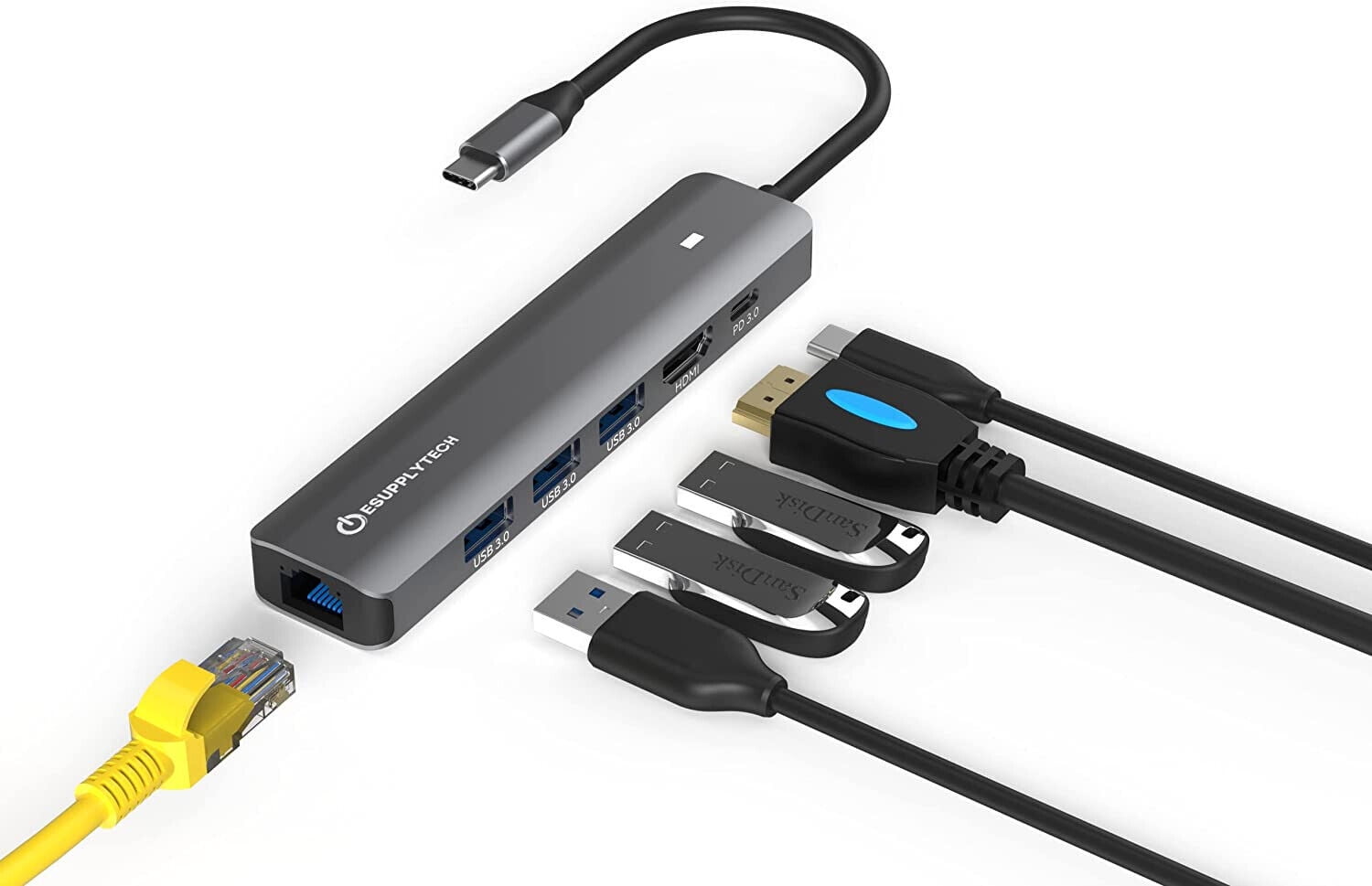 USB C Multiport Hub Adapter 6 in 1 with 4K 60Hz, 1Gb Ethernet, 100W PD ...