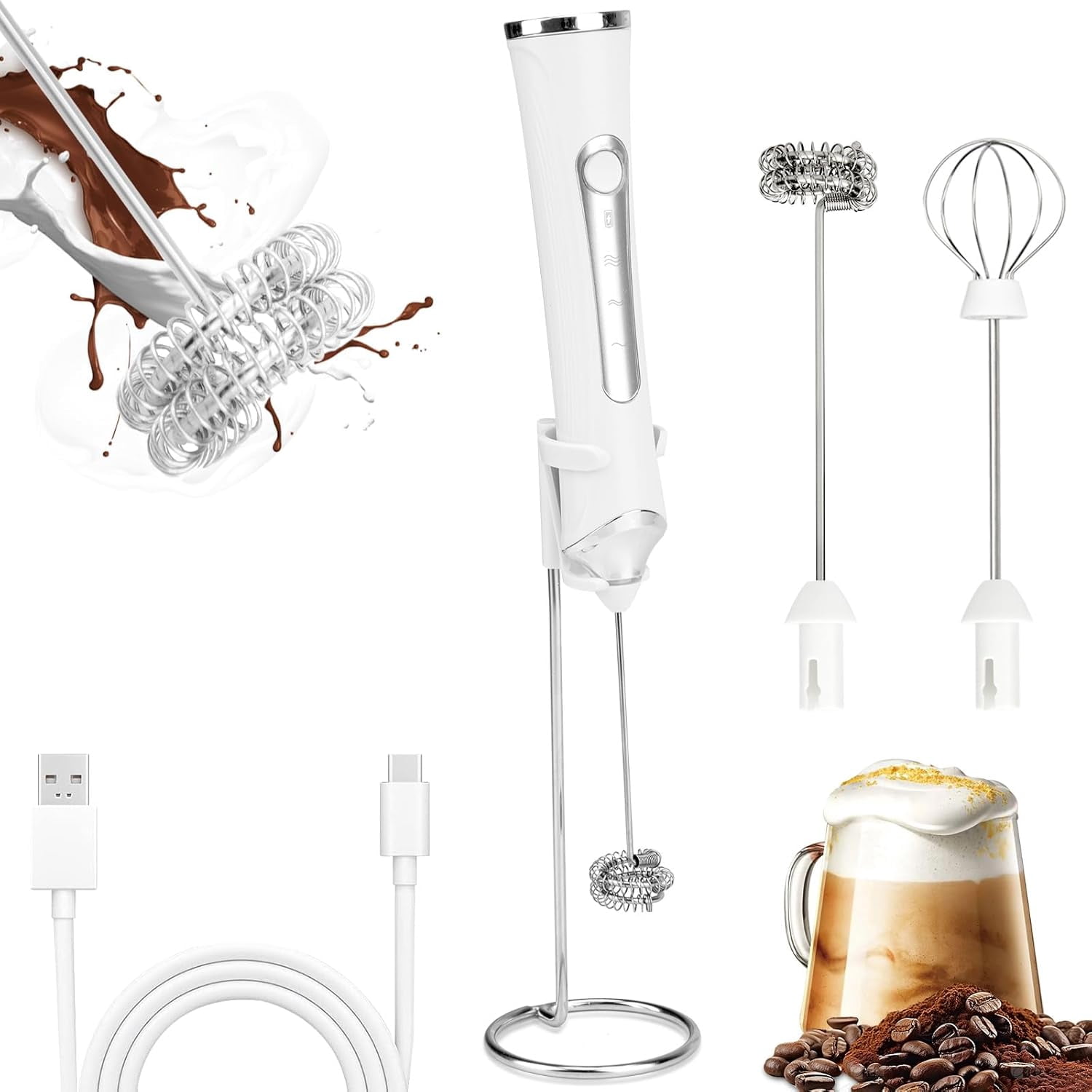 USB-C Rechargeable Handheld Milk Frother with 2 Stainless Steel Whisks ...