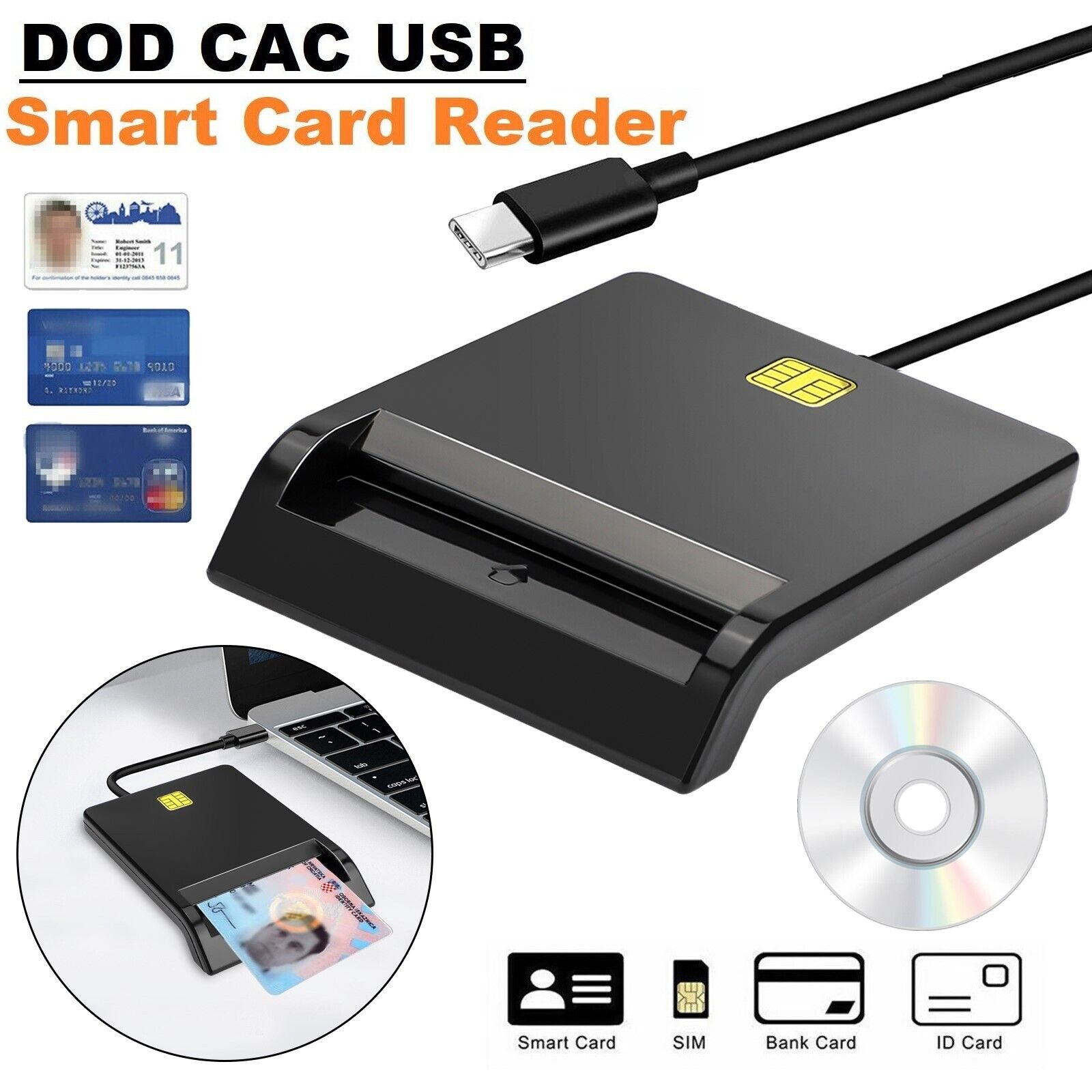 USB C Smart Card Reader DOD CAC Common Access for 7/8/10 Mac OS ...
