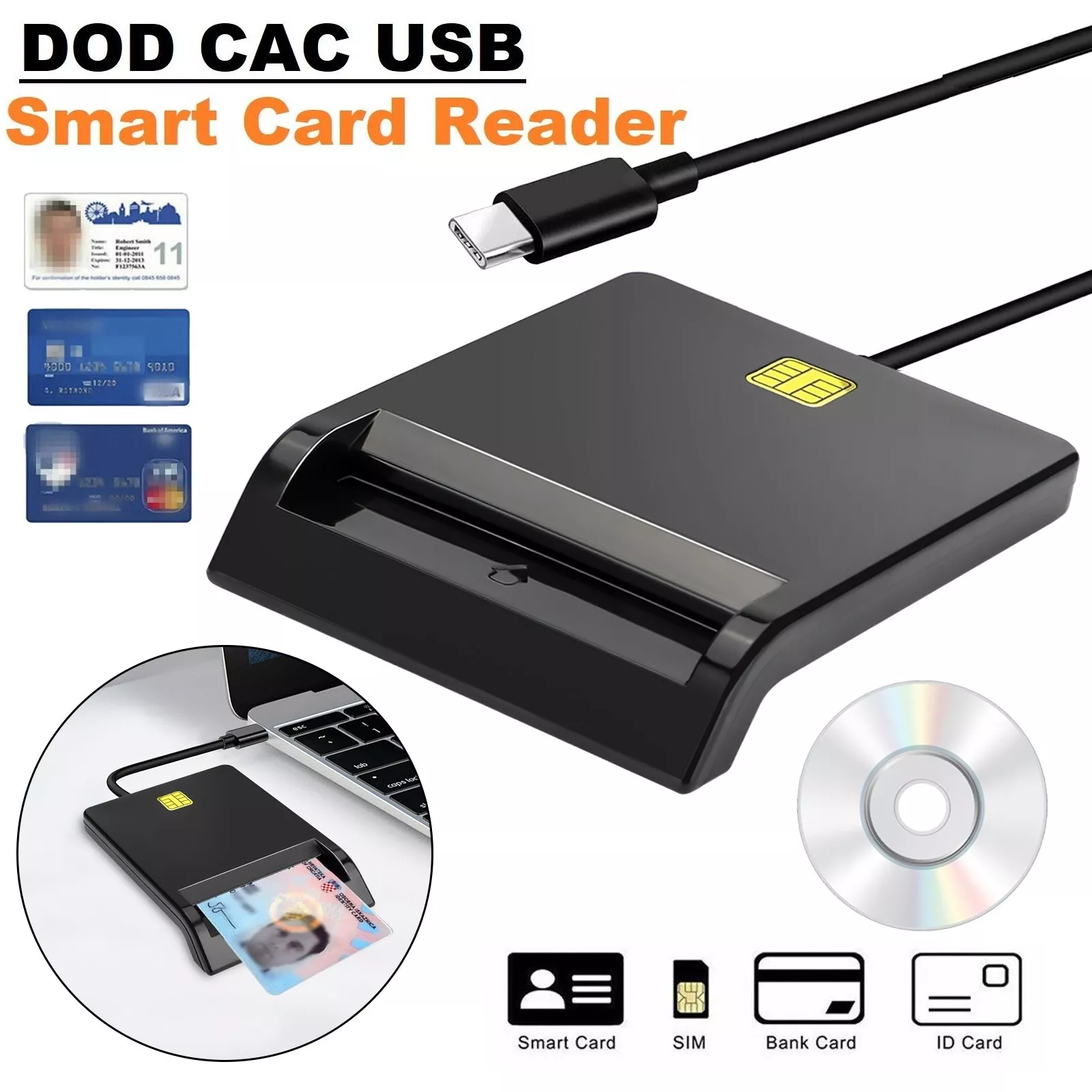 USB C Smart Card Reader DOD Military CAC Common Access-Bank for Windows ...