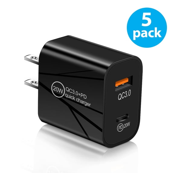 USB C Wall Charger Block 20W, 5-Pack Dual Port PD Power Delivery Fast ...