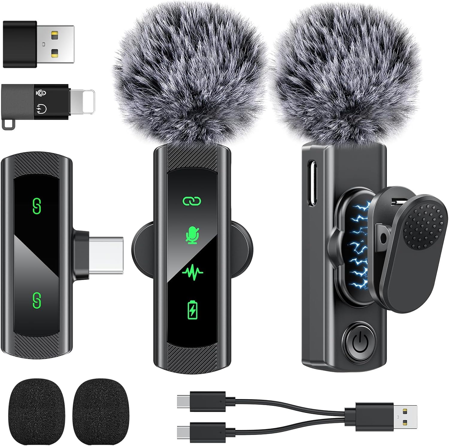 USB C Wireless Lavalier Microphone for iPhone 15 16, Mini LED Display Microphone for Android ...