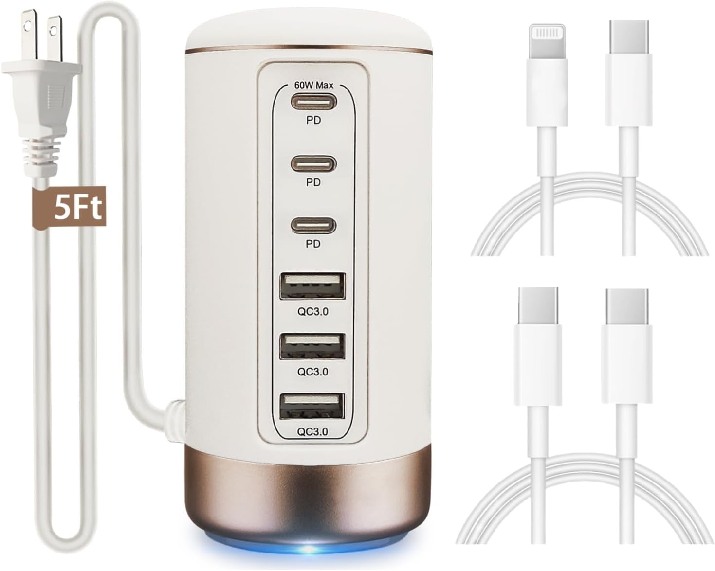 USB C and USB Multiport Tower Charger, 60W 6 Port Charging Hub with 2 ...