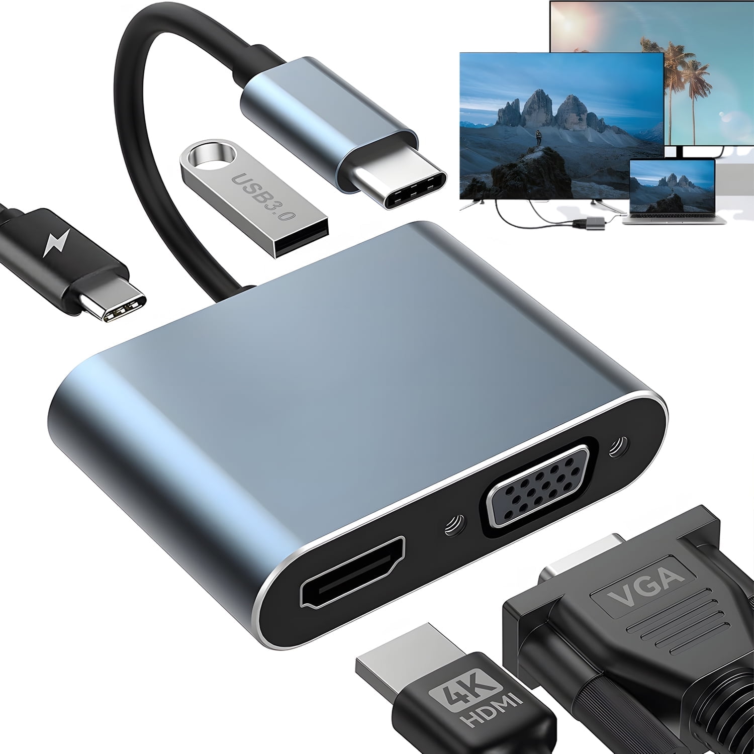 USB C to 4K HDMI VGA Adapter 4-in-1 Hub USB 3.0 OTG Charging 100w Power ...