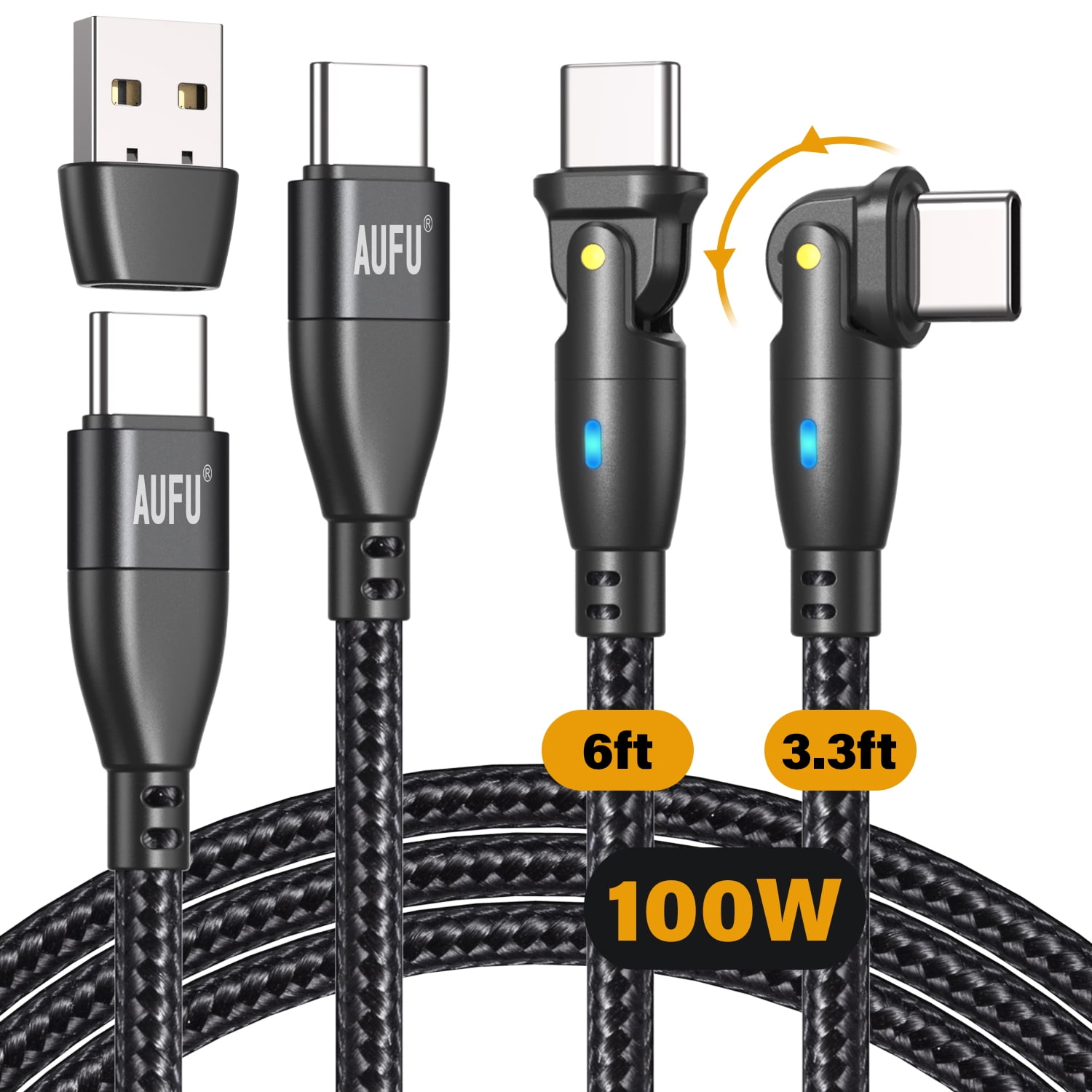 AUFU 100W USB C to USB A/C Cable, 2-Pack 3.3ft/6ft, PD 5A Fast Charging ...