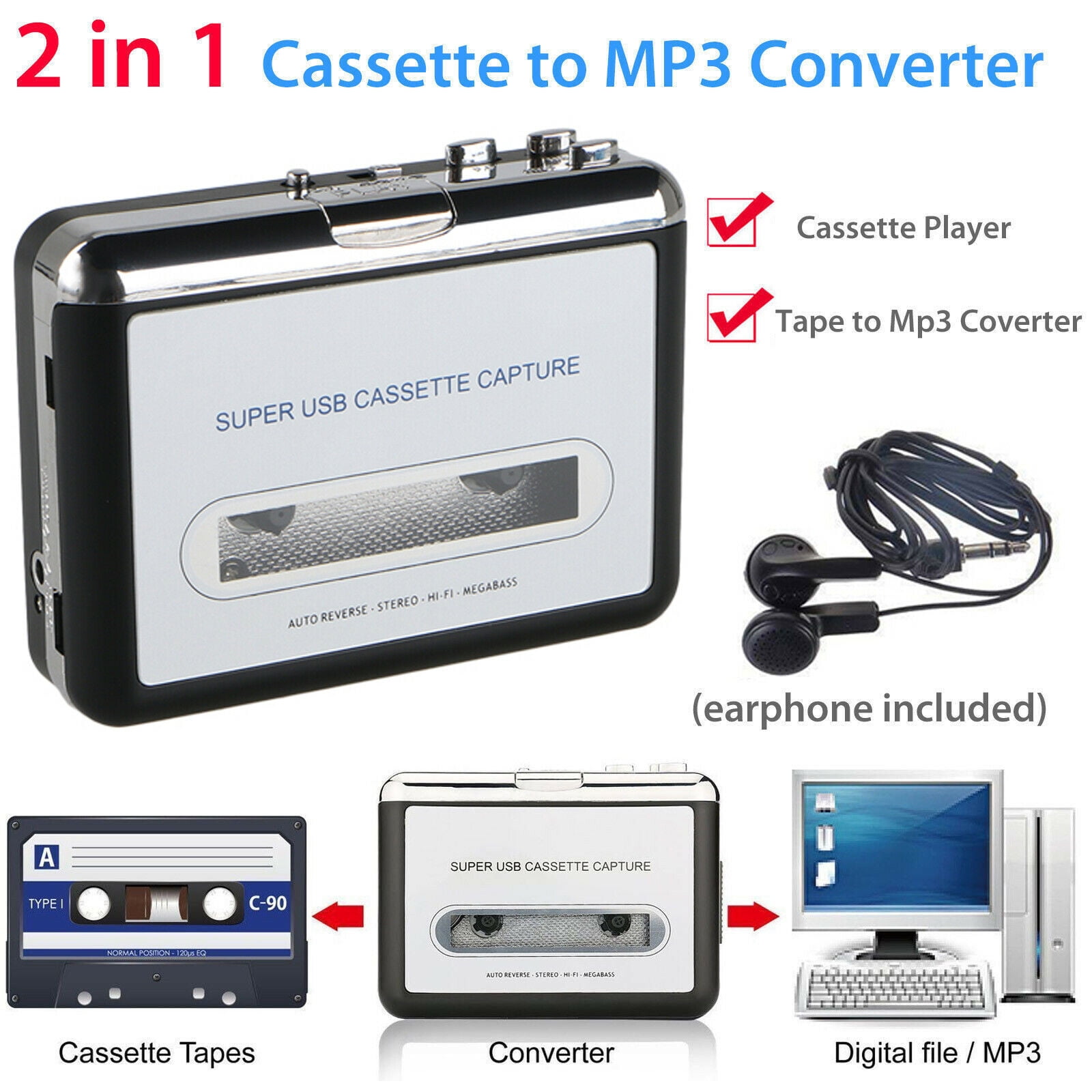 USB Cassette Tape to PC CD MP3 Digital File Converter Capture Audio ...