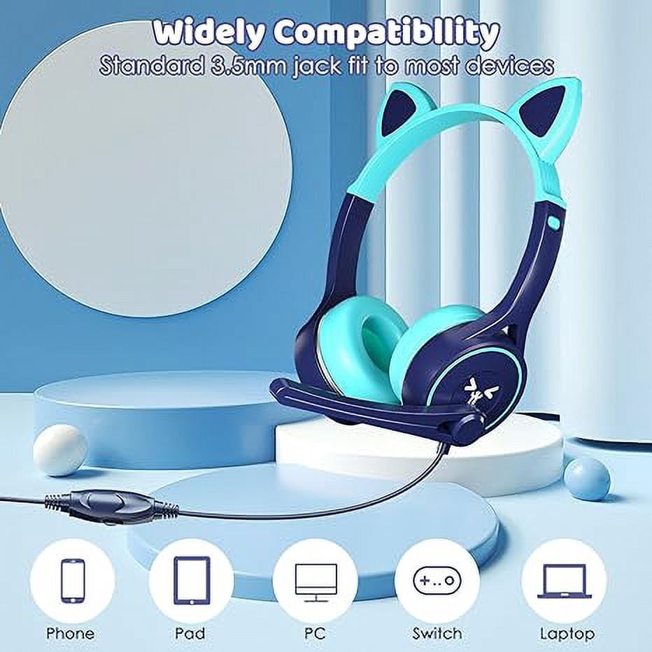 USB Cat Ear Gaming Headphones Wired with LED Light, Stereo Game Music ...