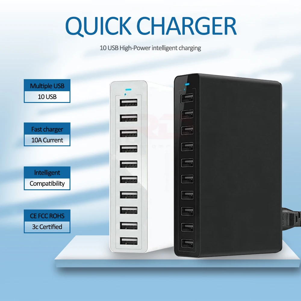 USB Charger 60W 10-port Station Desktop USB Rapid Charger for Smart USB ...