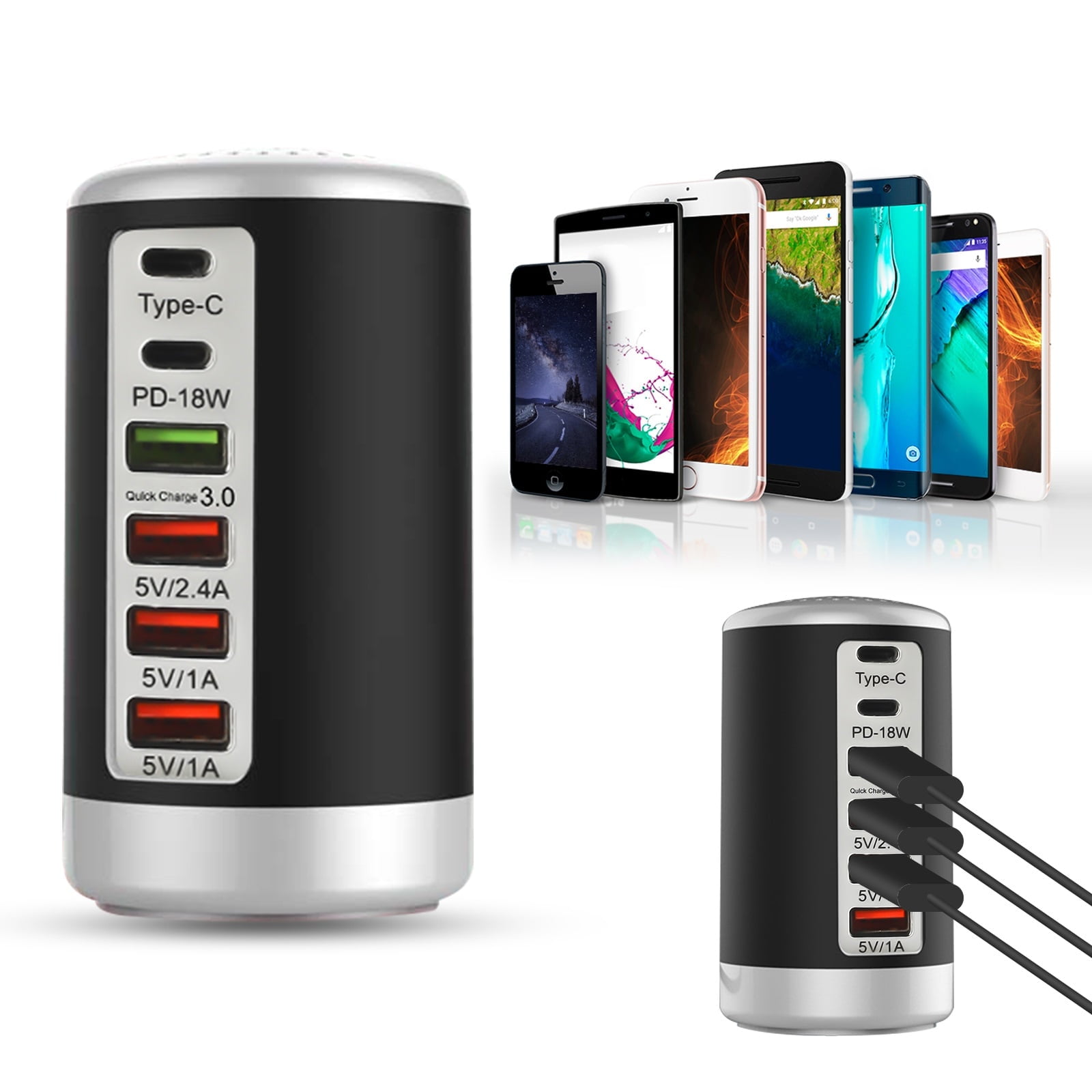 USB Charger, 65W 6 Port Desktop USB Charging Station Hub Wall Charger (3 USB+Type C+QC3.0+PD 18W ...