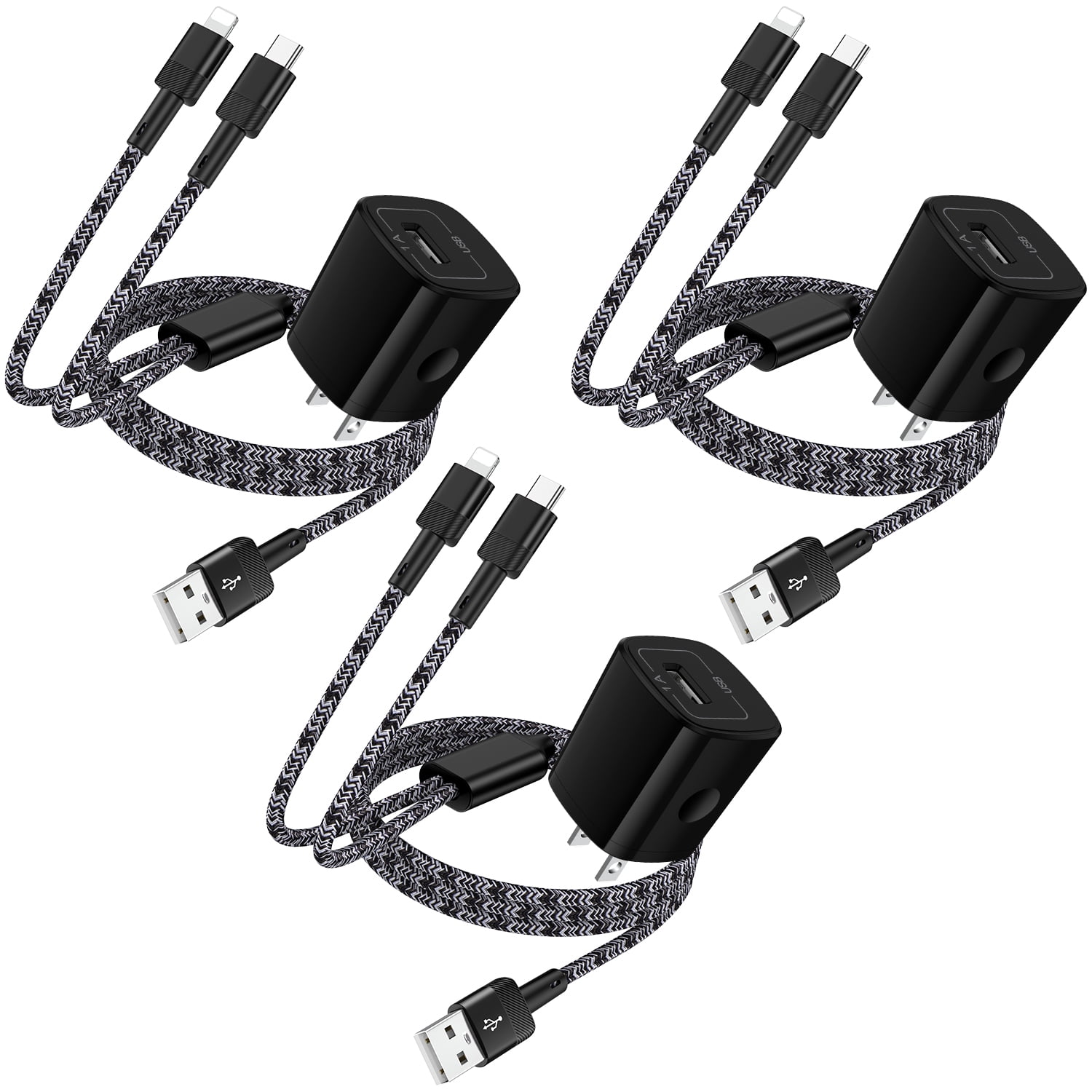 USB Charger Block,3Pcs 2in1 Android&iPhone Multi Charging Cable Type C ...