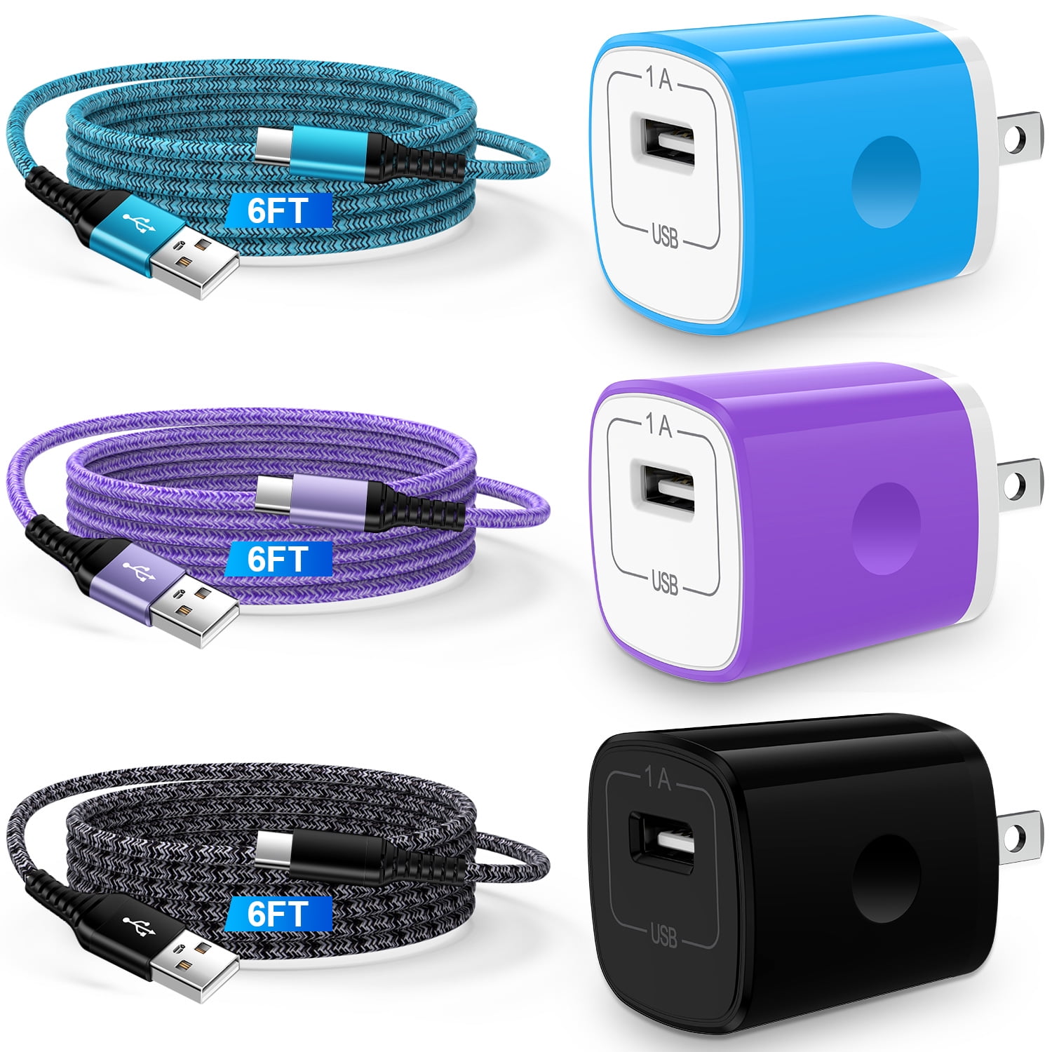 USB Charger Block,ABCPOW 3pcs 1A USB Wall Charger Block with 3pcs 6FT ...