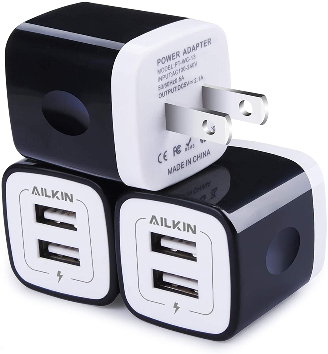 AILKIN 3Pack Dual Port USB Charger Block, Fast Charge Wall Plug ...