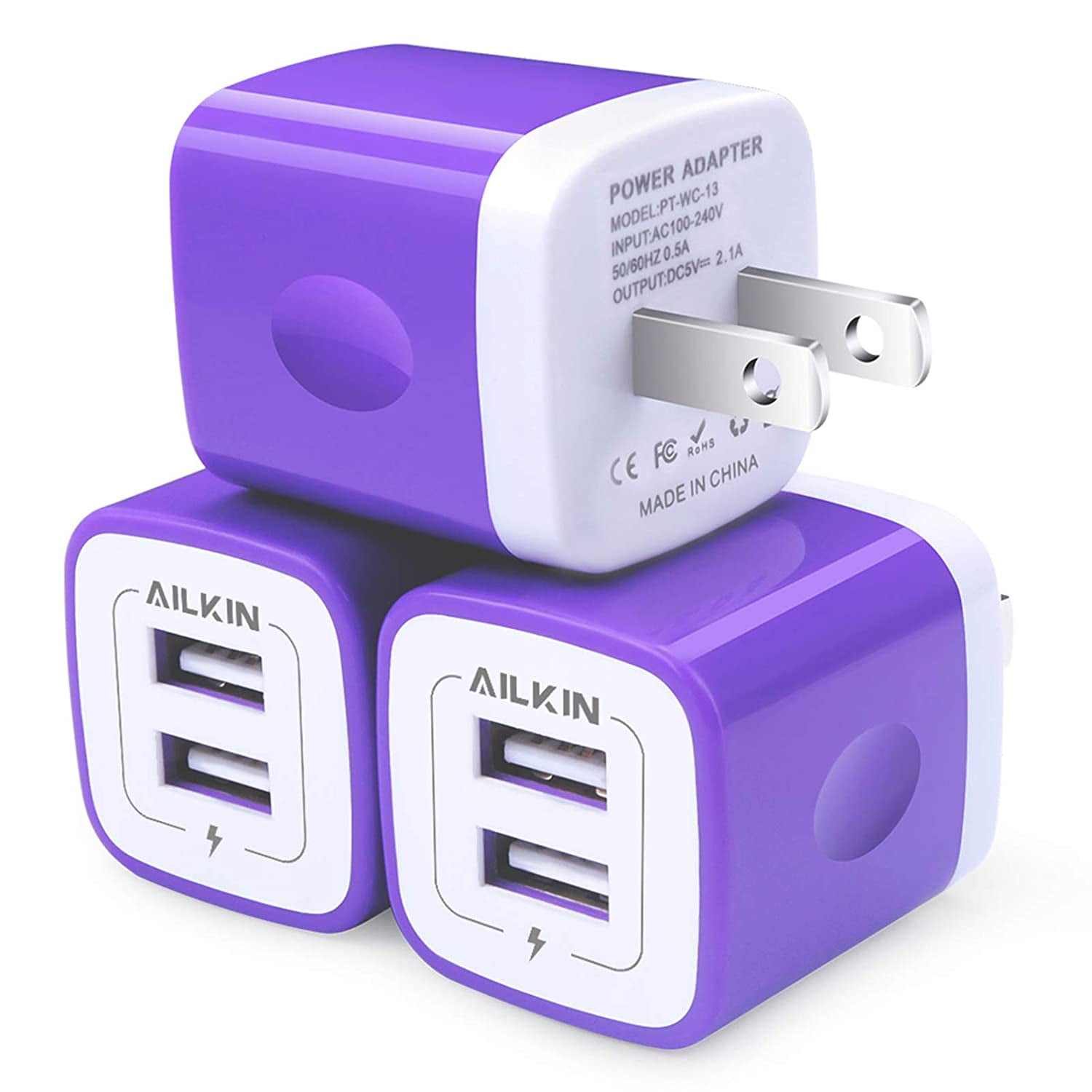 AILKIN 3Pack USB Charger Block, Dual Port 2.1Amp Fast Charge Wall Plug ...