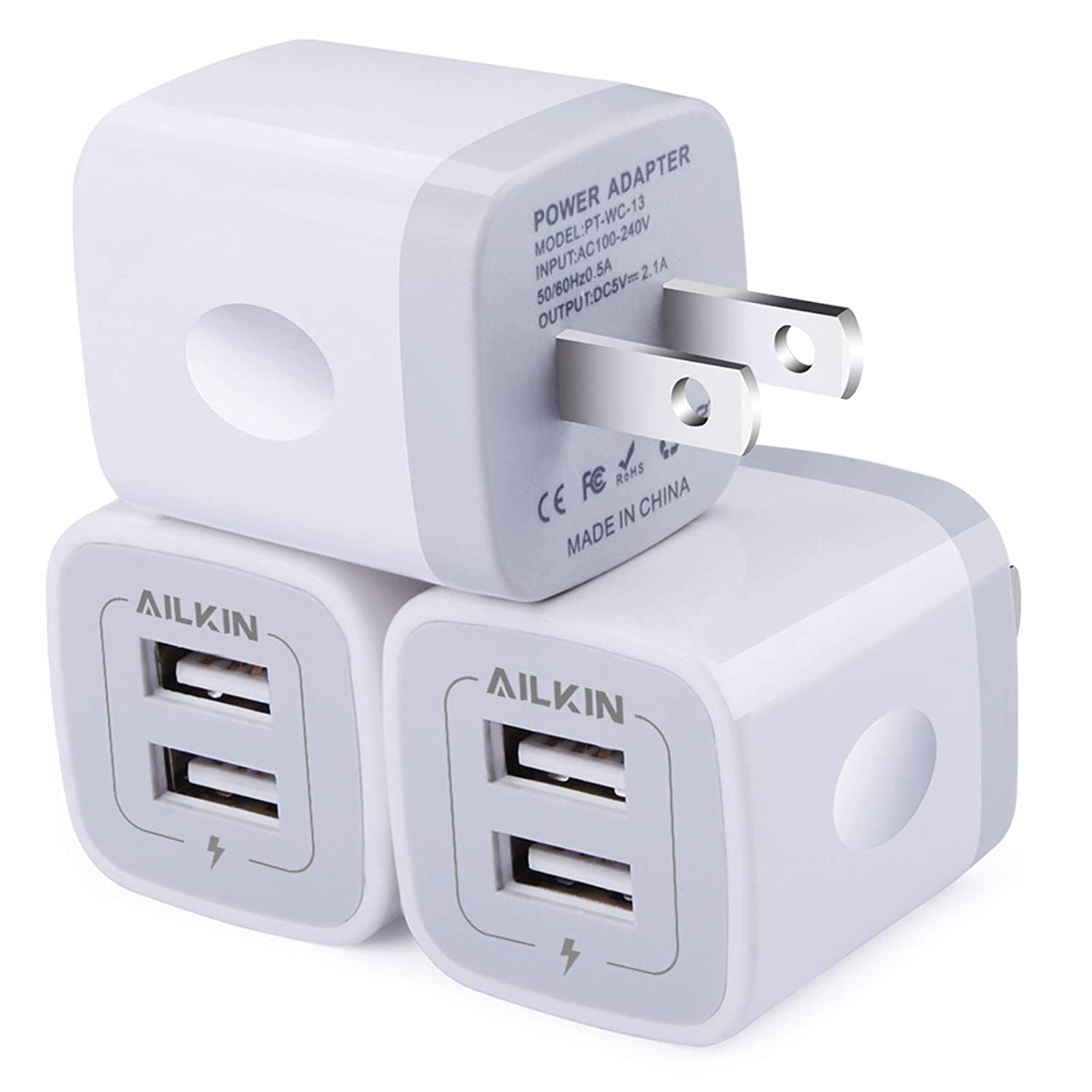 AILKIN 3Pack Multiport USB Charger Block, Fast Charge 2.1Amp Dual Port ...