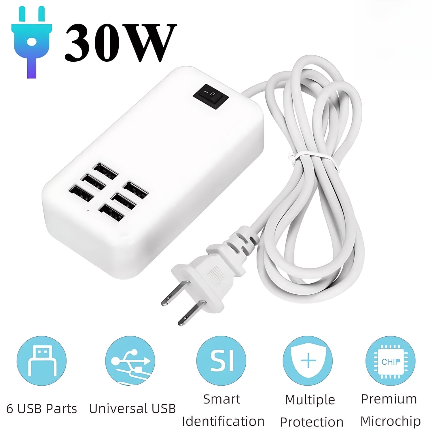 USB Charger Hub 6 Ports – Desktop Charging Station with US Plug, AC ...