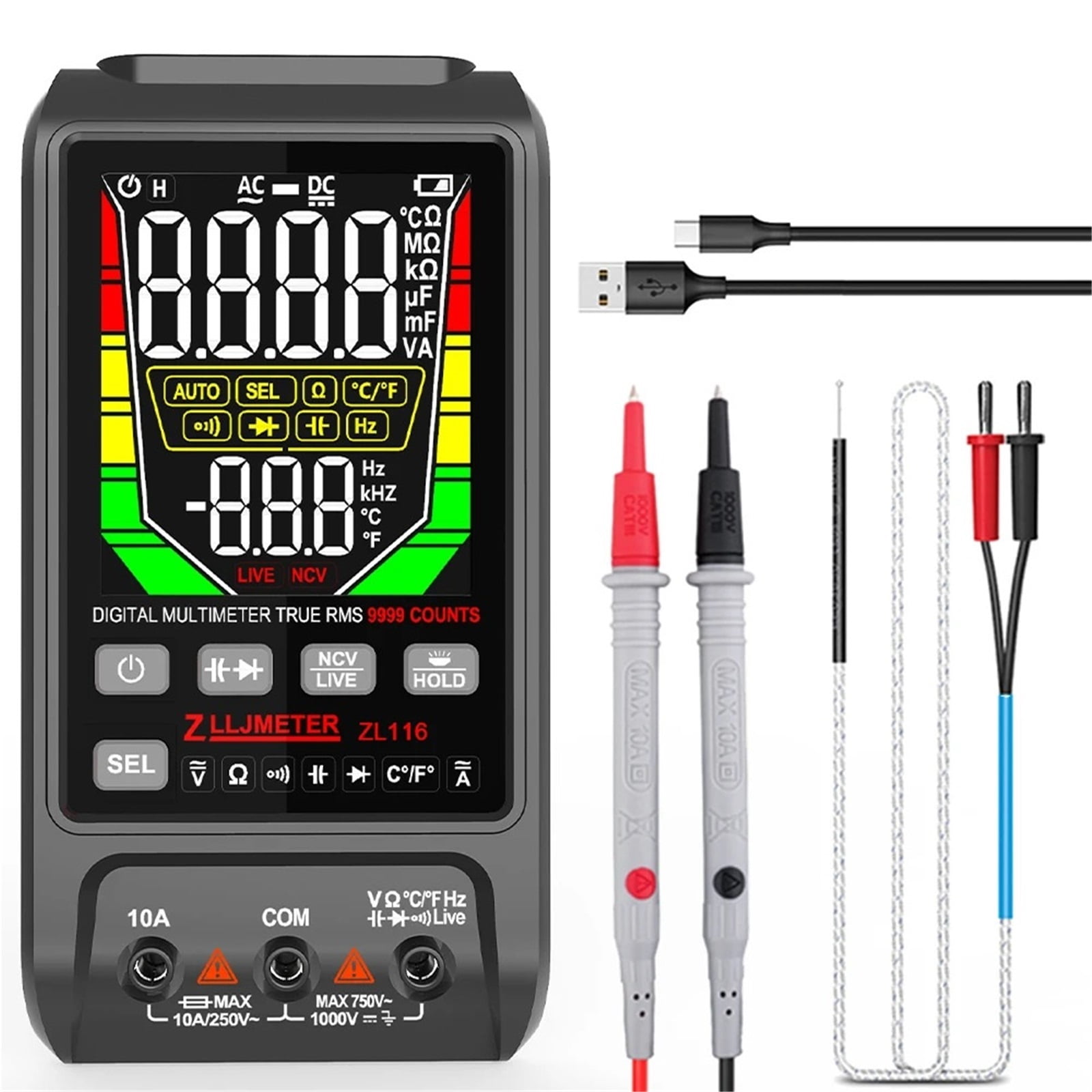 USB Charging Smart Digital Multimeter 9999 Counts Large Screen AC DC ...