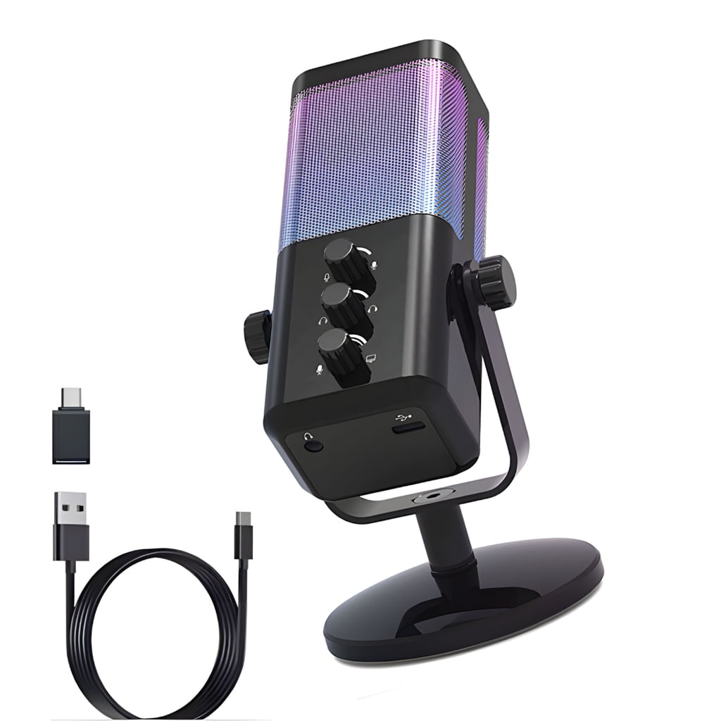 USB Computer Microphone 3 Control Knobs Color Lighting Effects Noise ...