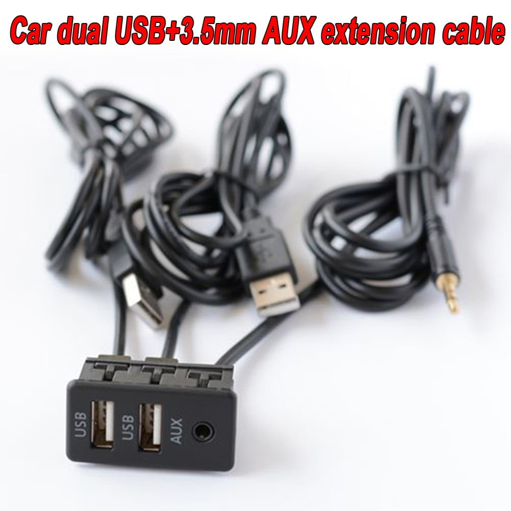 USB Dual Port Car Dashboard Flush Mount Socket Extension Cable 3.5mm ...