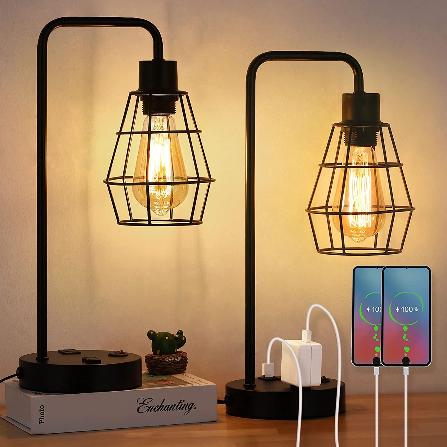 USB Edison Table Lamp Set of 2, Bedside Nightstand Desk Lamps with Dual ...