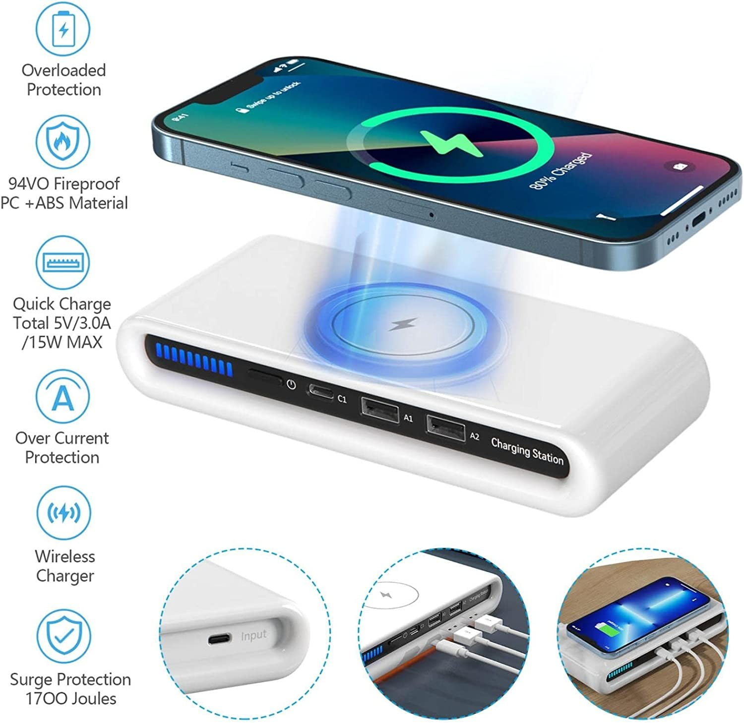 USB Fast Charging Station with 15W Wireless Charger, 4-in-1 Multiple ...