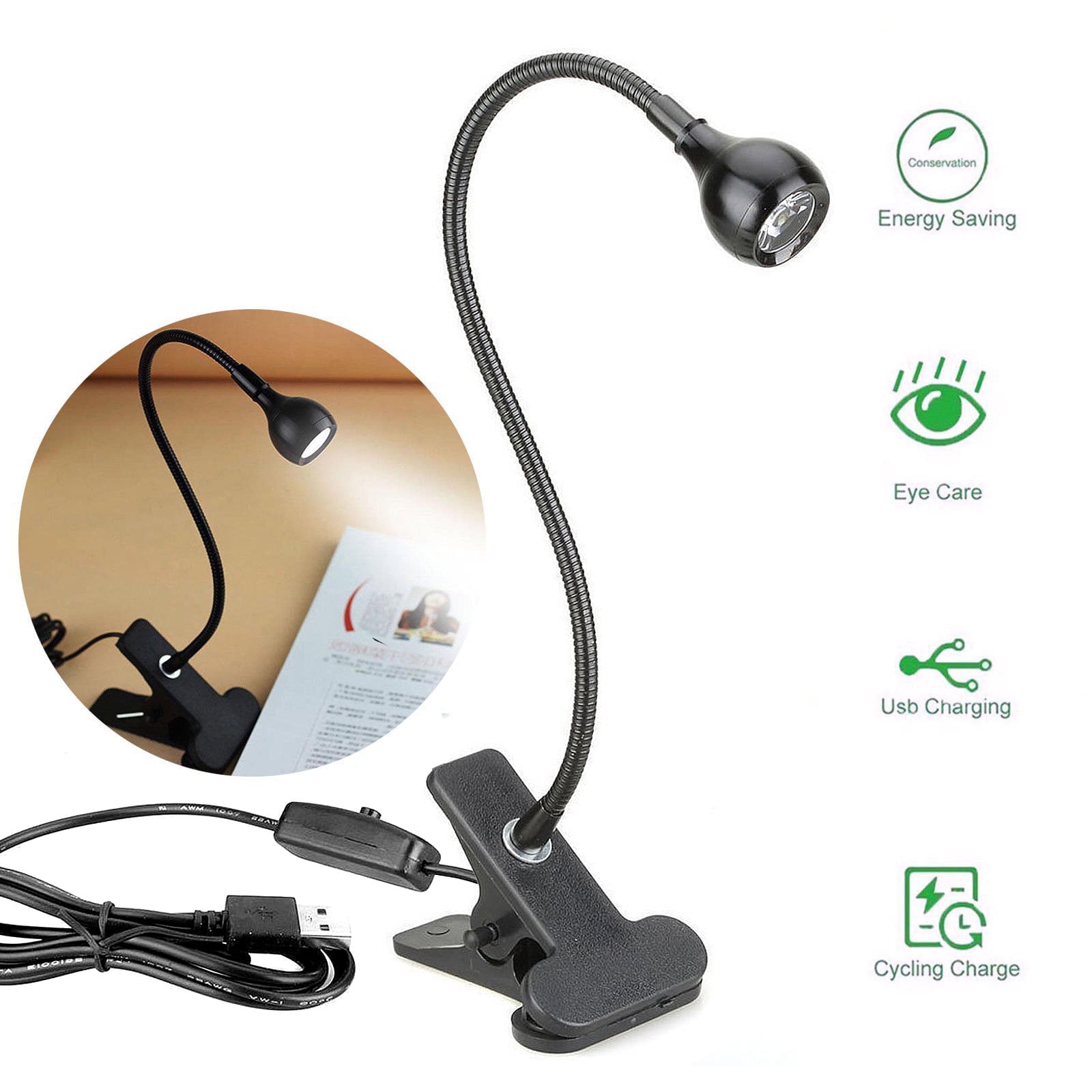 USB Flexible LED Clip on Light, Clamp Desk Table Reading Working Lamp ...