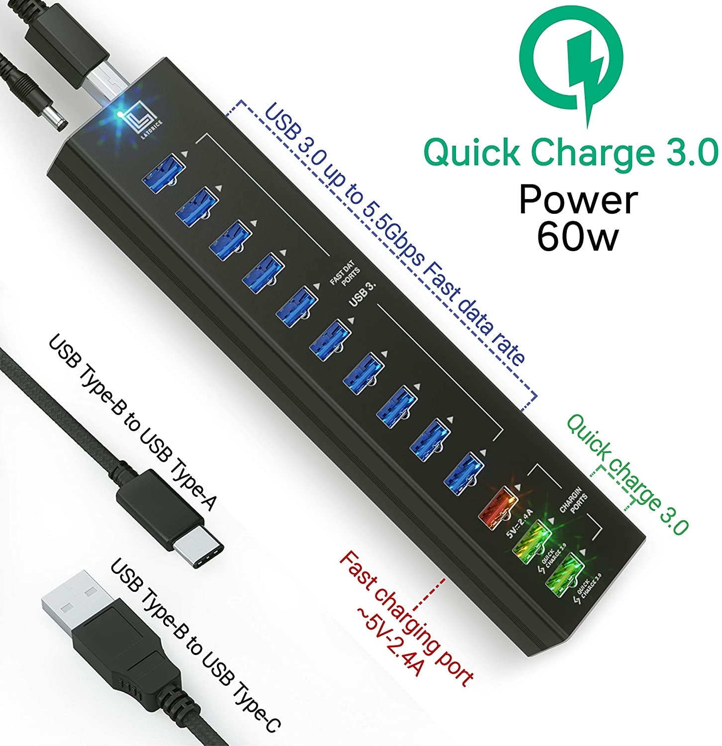 USB Hub Powered, 13 Multi-Port USB Hub with 10 USB 3.0 Ports, 2 IQ ...