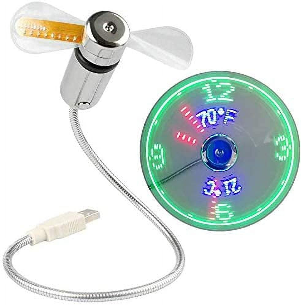 USB LED Clock Fan, 90mm USB-Powered Portable Fan with Clock, LED Light ...