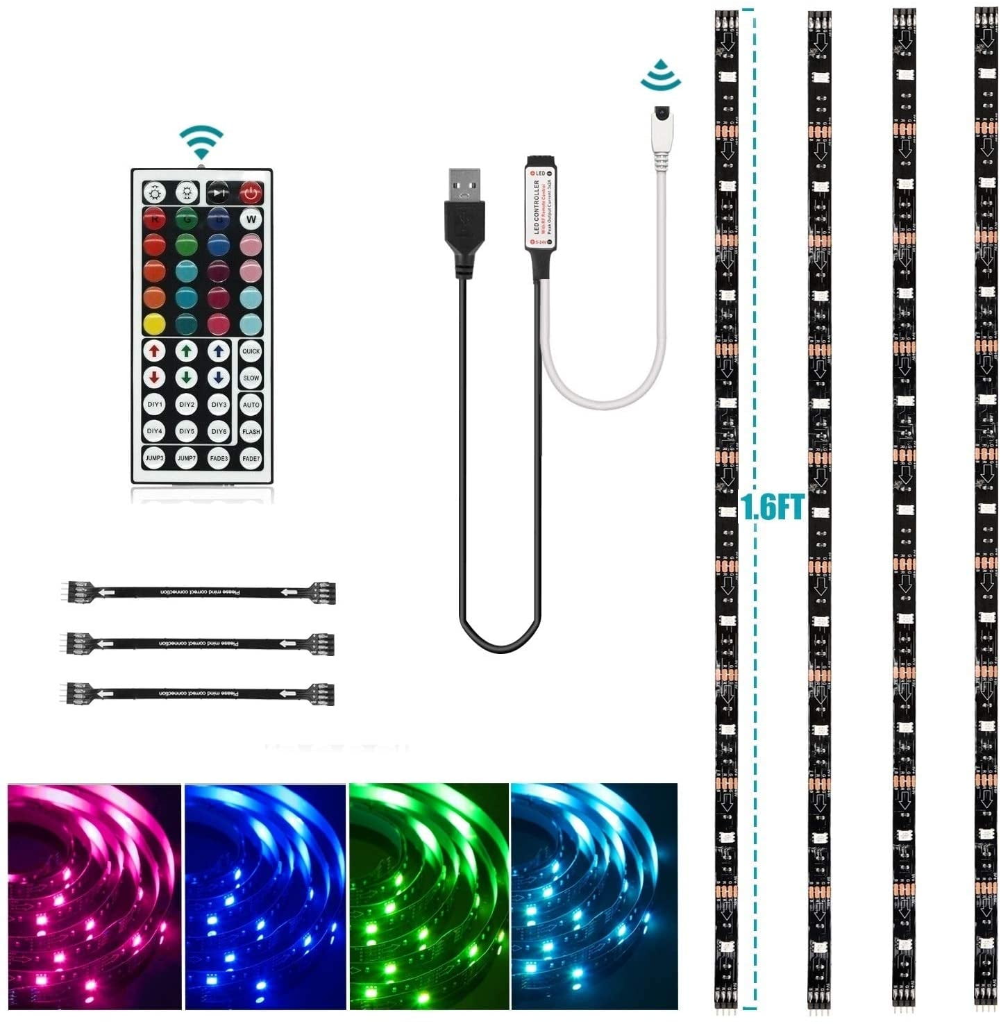 USB LED Strip Lights Kit, 4 Pre-Cut 1.64ft/6.56ft RGB LED Light Strips ...