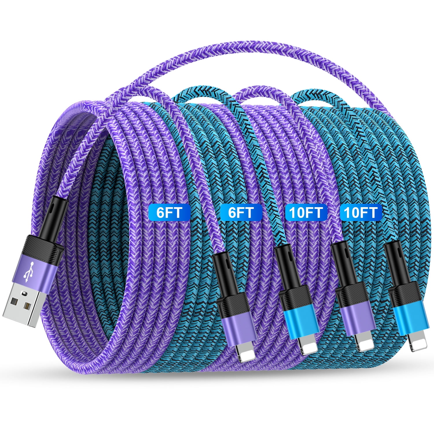 Zacenei USB A to Lightning Charging Cable, 4Pack Nylon Braided, 6ft ...