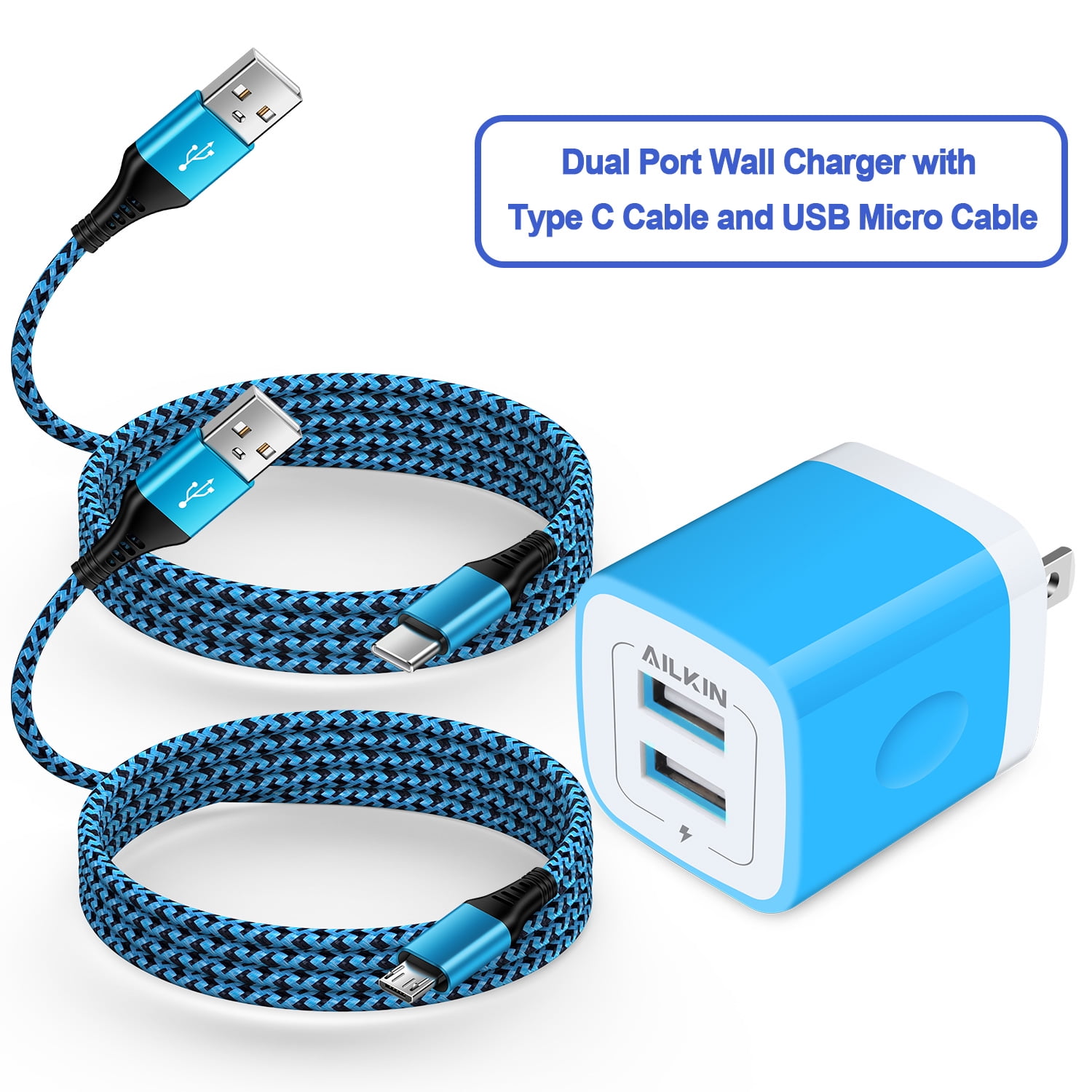 USB Micro Cable,Micro USB Cable 6ft with 2.1A USB Wall Charger,Ailkin ...