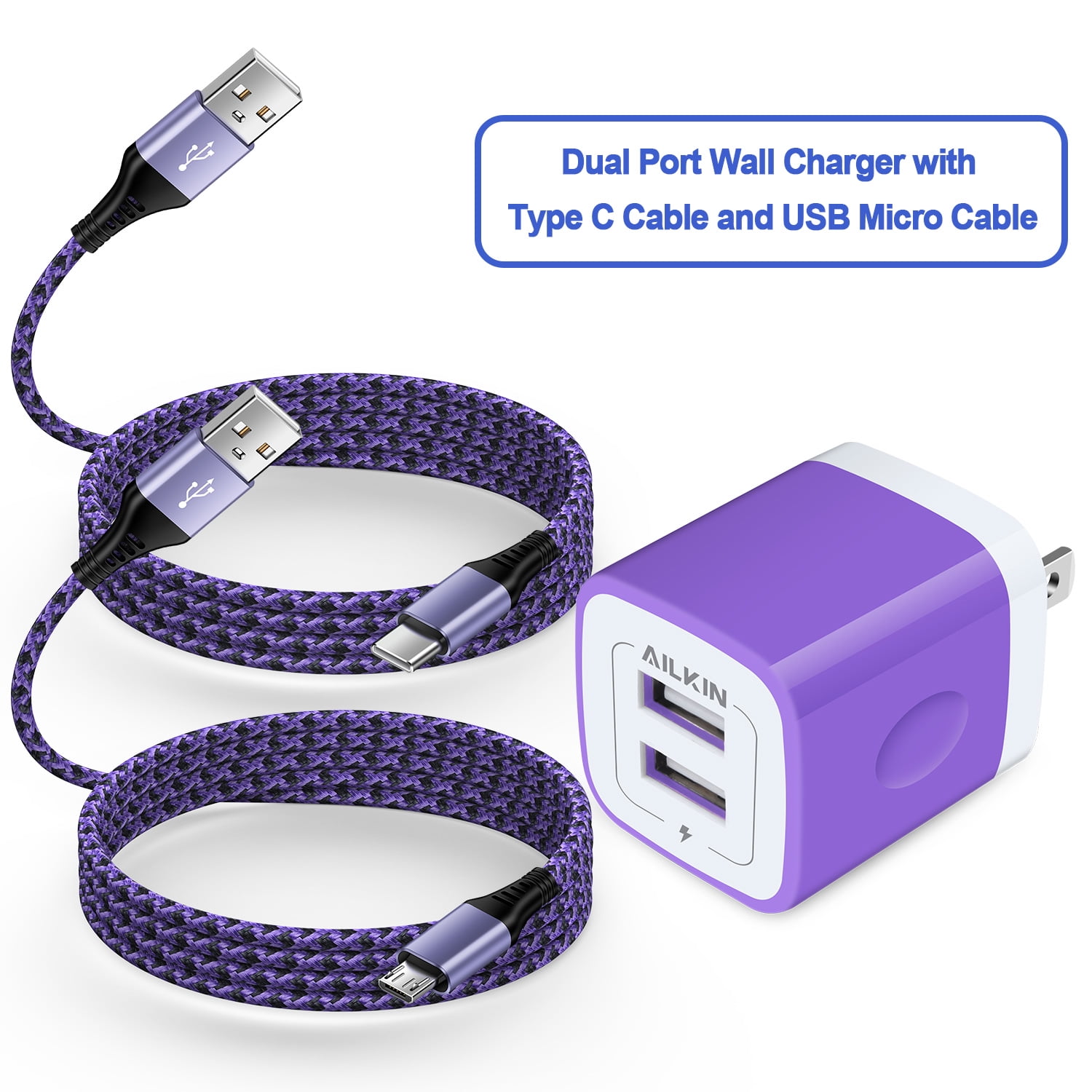 USB Micro Cable,Micro USB Cable 6ft with 2.1A USB Wall Charger,Ailkin ...