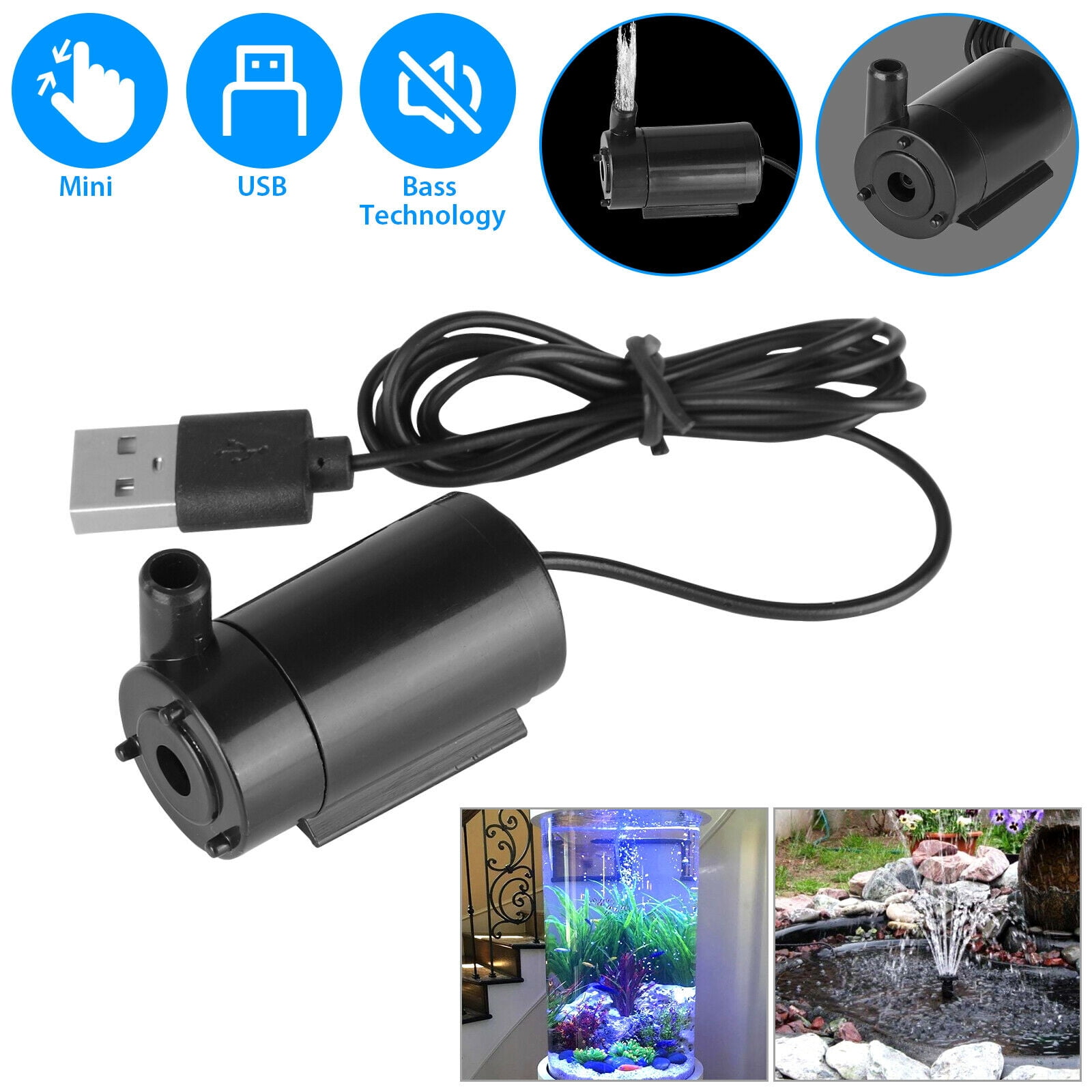 USB Mini Mute Submersible Water Pump 2-3L/min Submersible Pump for Fish Tank Fountain Aquarium ...