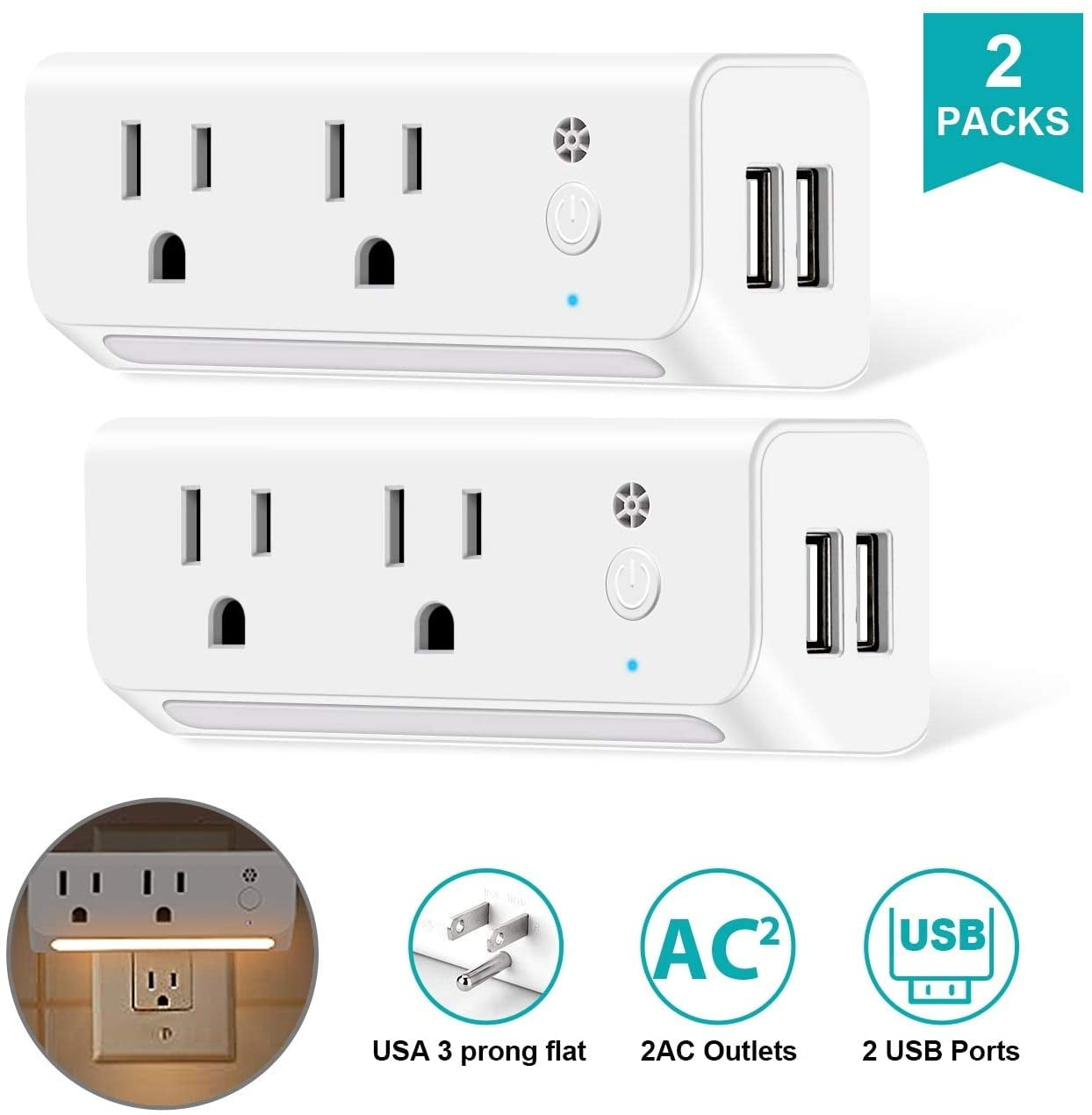 USB Multi Plug Outlet Extender 2 Packs with USB and Dusk-to-Dawn Sensor ...