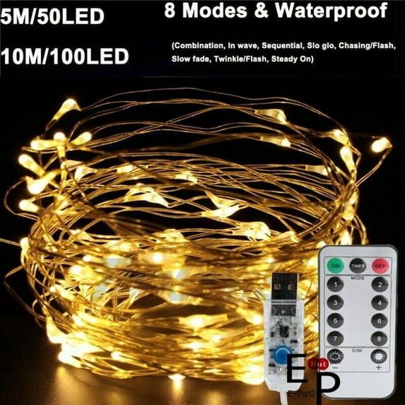 USB Plug Twinkle LED String Fairy Lights Silver Wire With Remote 50 100 ...