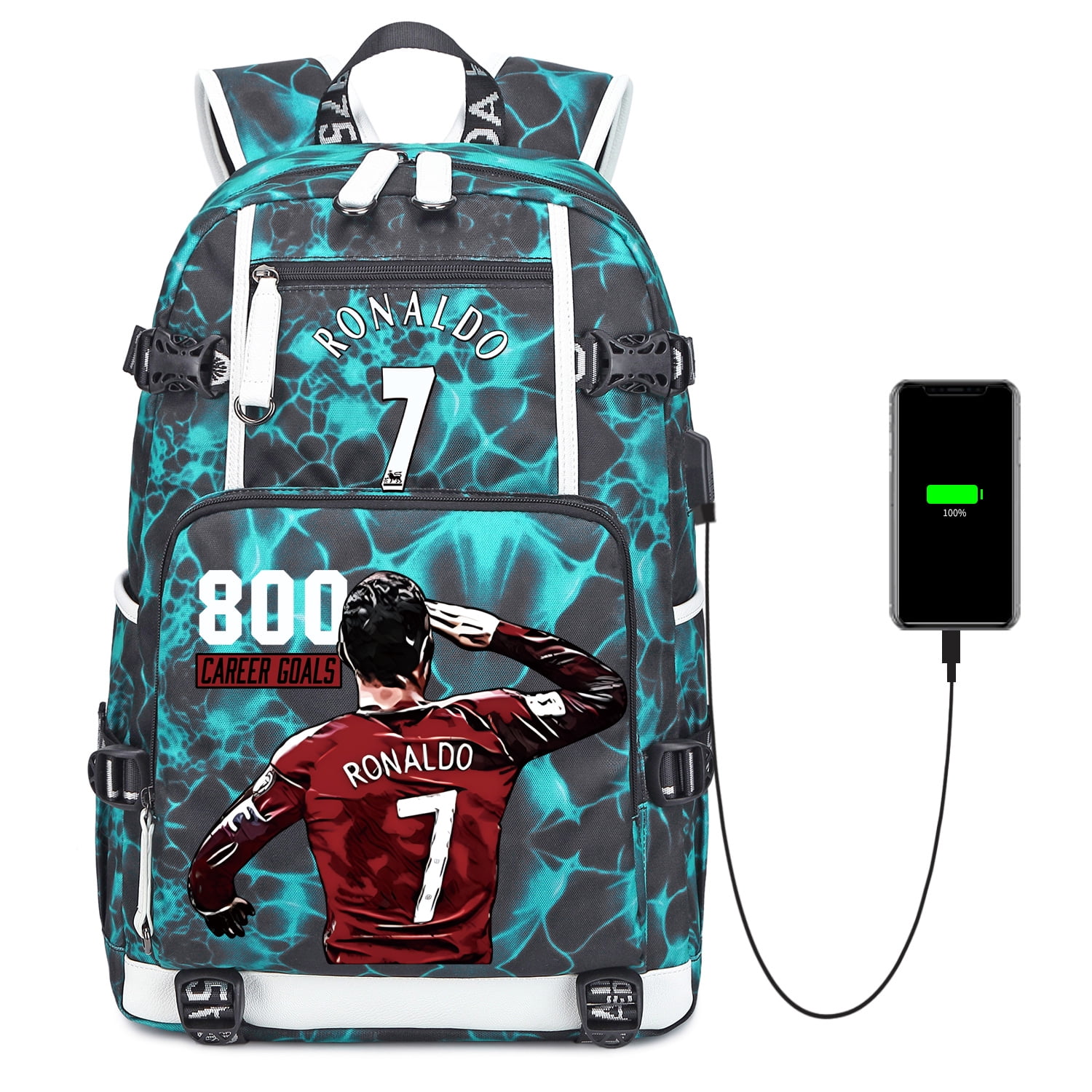 USB Port Backpack Waterproof Cristiano Ronaldo Prints Laptop Fit ...